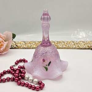 FENTON Glass Bell Pink Iridescent With Ovals Hand Painted Signed by ...