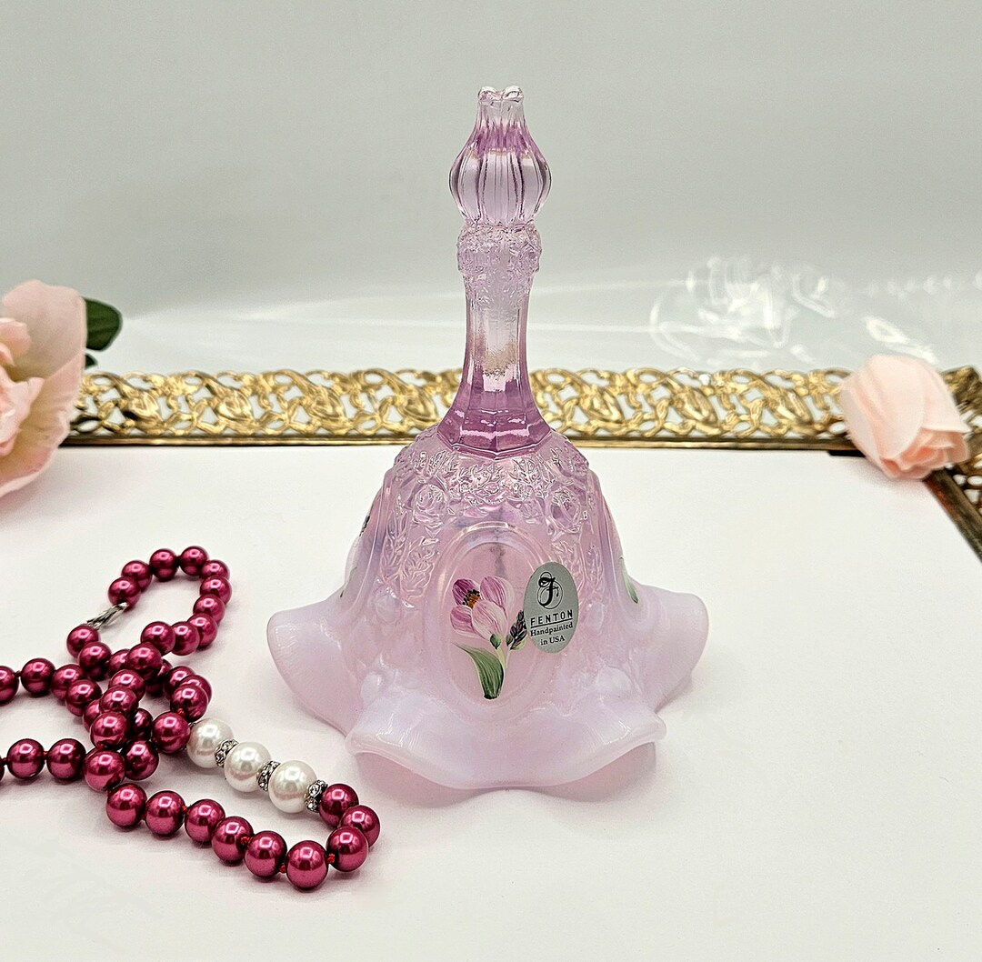 FENTON Glass Bell Pink Iridescent With Ovals Hand Painted Signed by ...