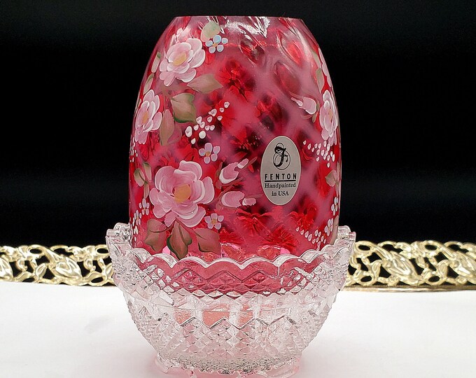 FENTON Fairy Light Optic Design Red Hand Painted Roses Signed by Artist ...