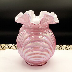 FENTON Glass Vase Pink Opalescent Draped Ruffled Top Bow in Front ...