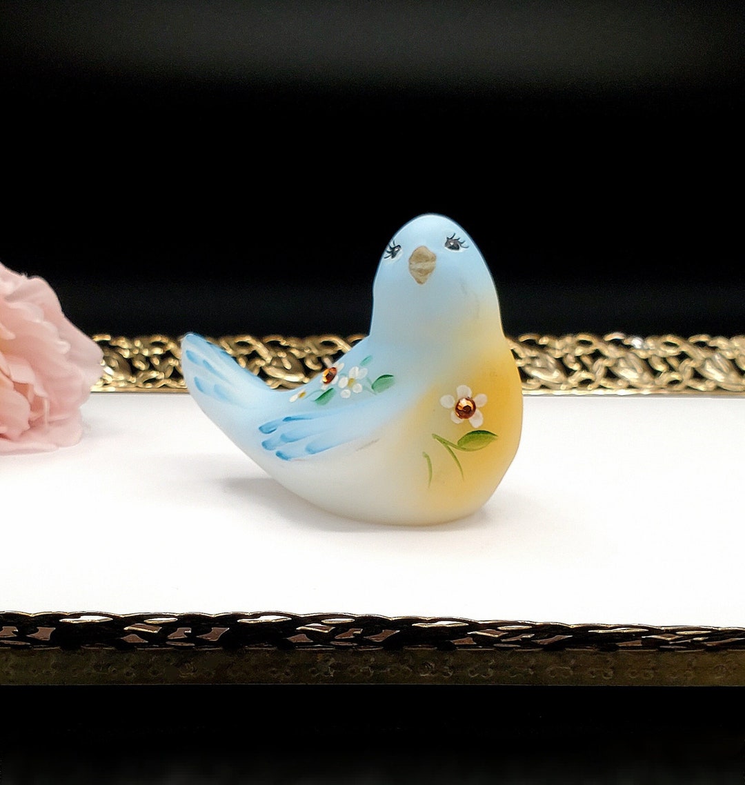 FENTON Glass Bird Blue and Yellow Canary Swarovski Crystals Puffed up ...