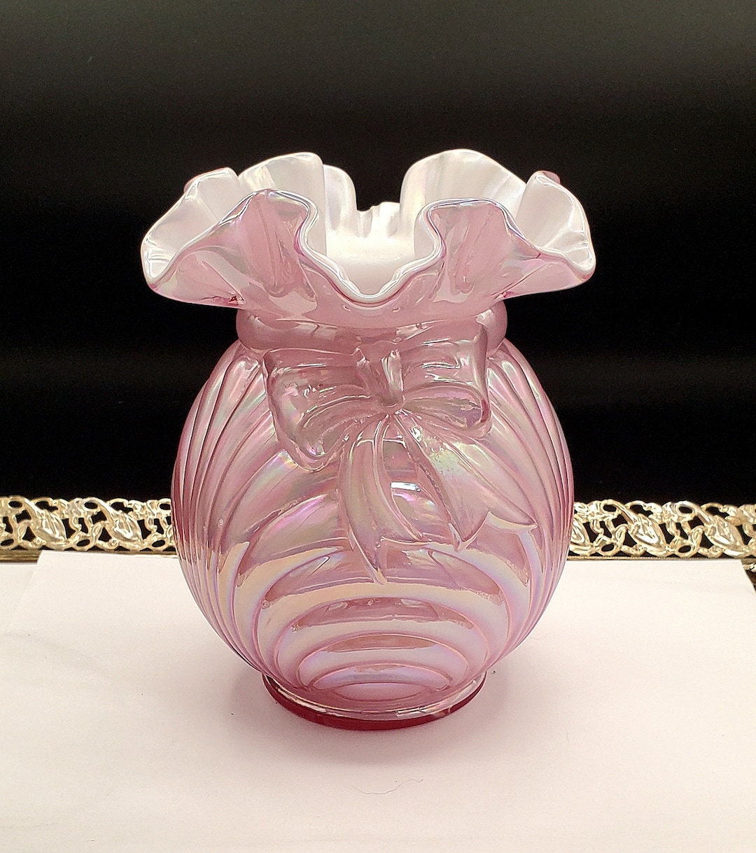FENTON Glass Vase Pink Opalescent Draped Ruffled Top Bow in Front ...