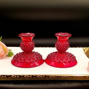 FENTON Candlestick Holders Ruby Red Hobnail Vintage Candlestick Holders 5 Across in Mint ...