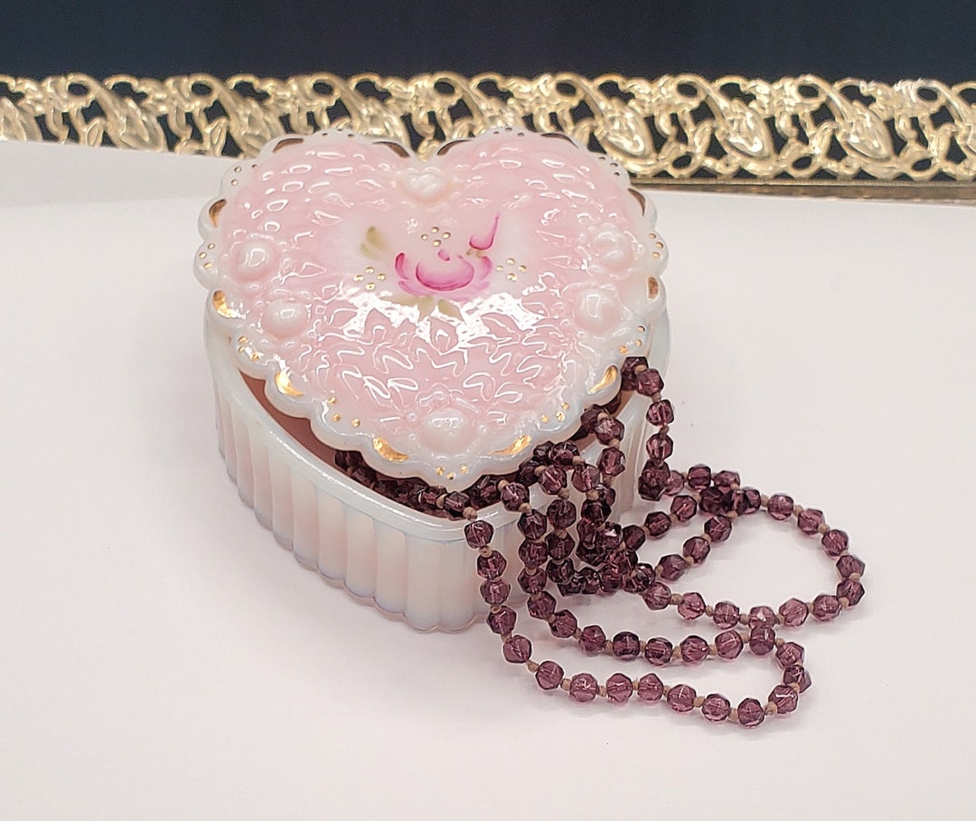 FENTON Glass Rosalene Heart Shaped Embossed Trinket Box Hand Painted ...