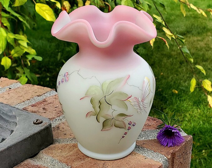 Fenton Art Glass Burmese Lotus Mist 95th Anniversary Vase Hand Painted ...