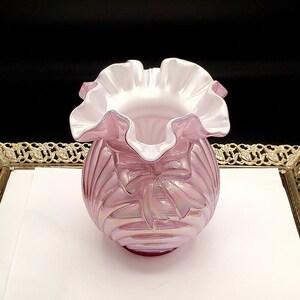 FENTON Glass Vase Pink Opalescent Draped Ruffled Top Bow in Front ...