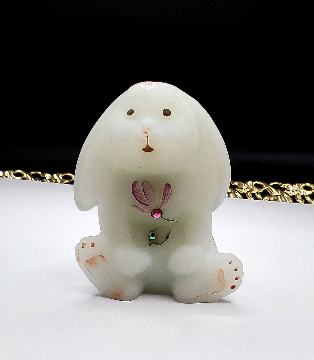 FENTON Glass Bunny Rabbit Satin Signed by Artist With Crystals Hand ...
