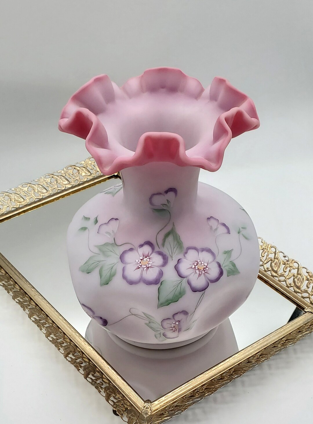 FENTON Glass Vase Pink Ruffled Top Burmese Purple Heavy Hand Painted ...