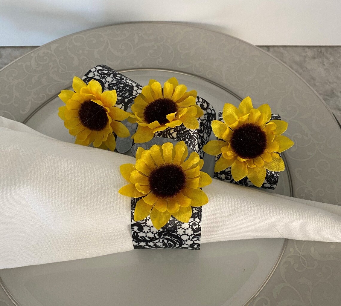 8 Sunflower Napkin Rings With Damask Ribbon Damask Napkin | Etsy