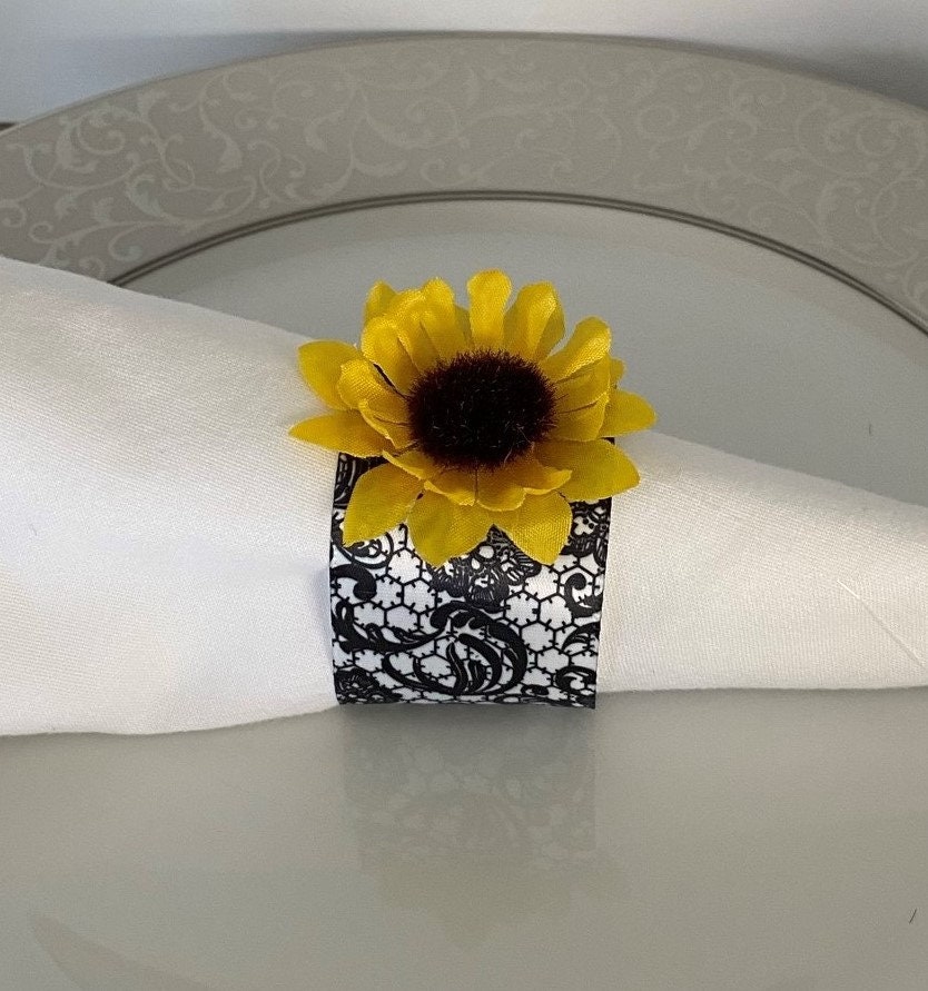 8 Sunflower Napkin Rings with Damask Ribbon Damask Napkin | Etsy