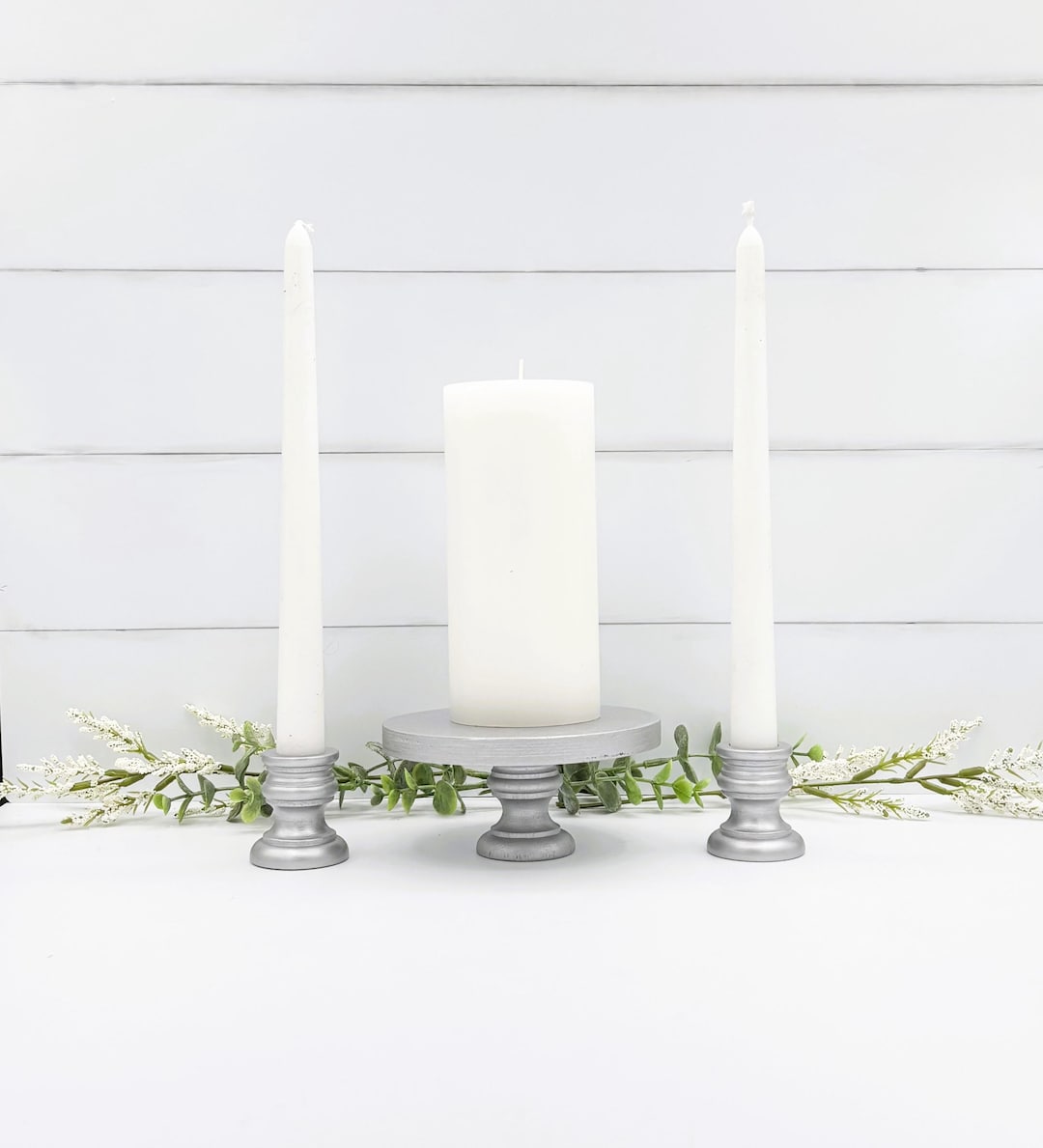 Silver Unity Candle Holders, Wood Unity Holder Set, Wedding Unity Set, 3 Piece Unity Candle ...