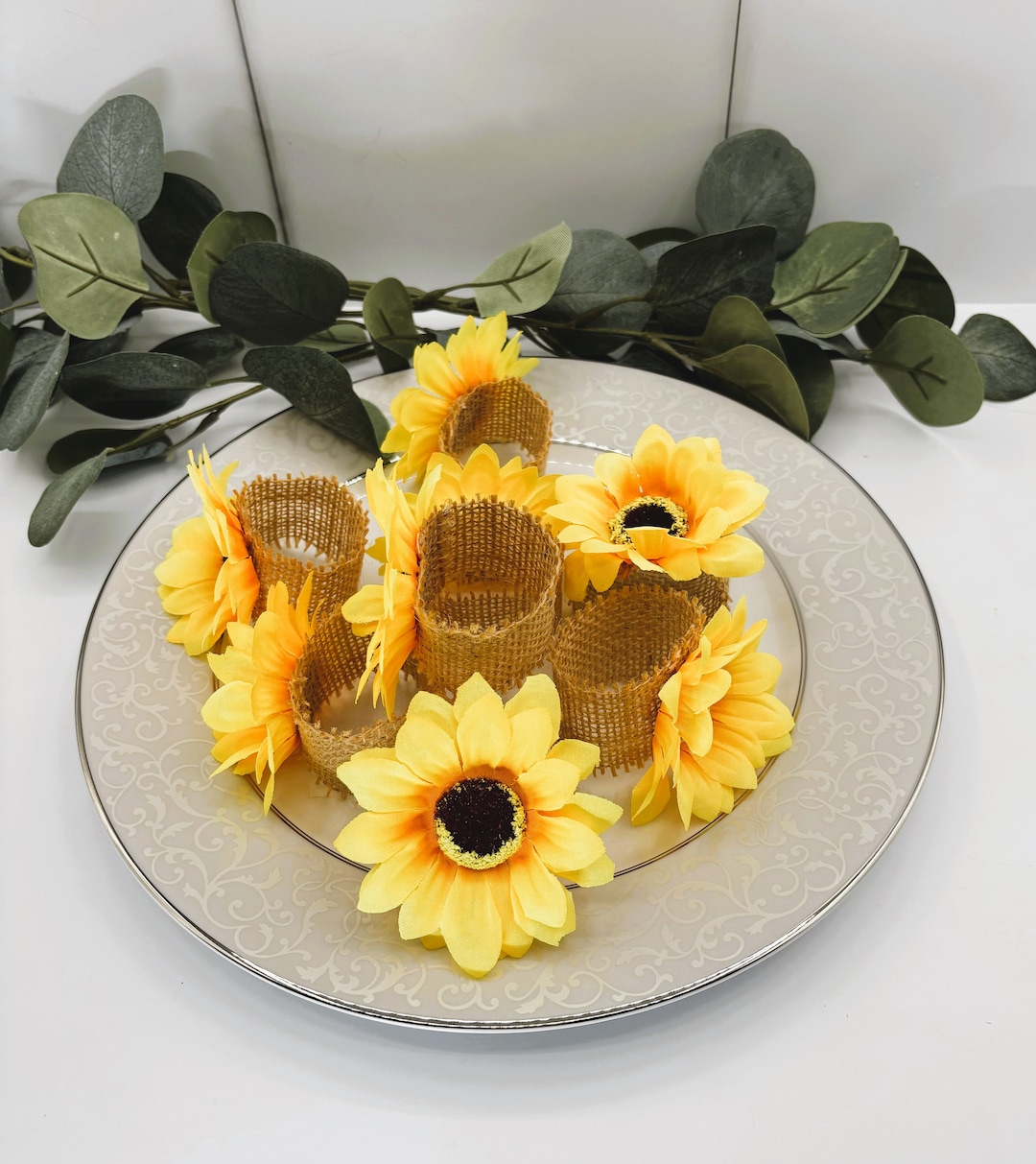 6 Sunflower & Burlap Napkin Rings, Large Sunflower Napkin Holders ...