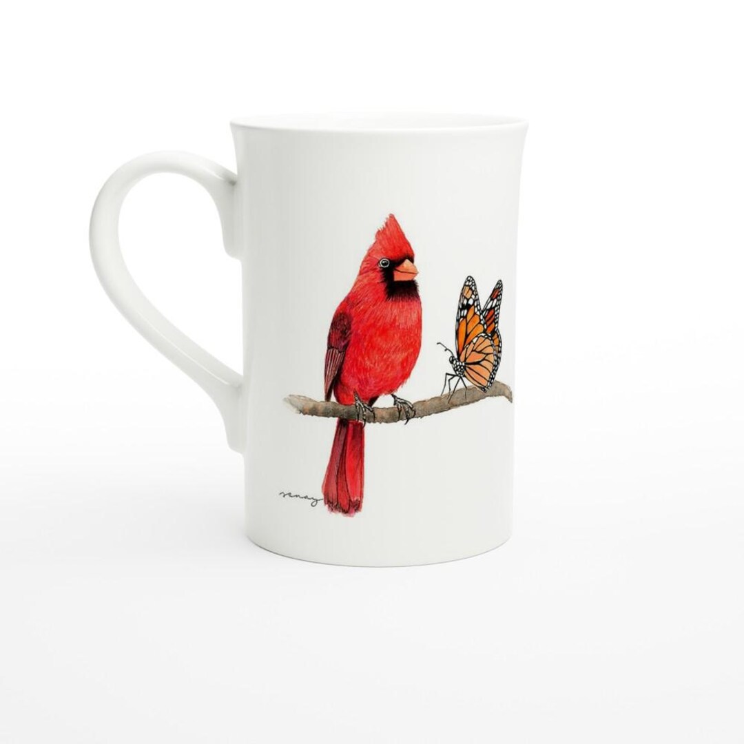 Red Cardinal Bird and Monarch Butterfly 10oz Porcelain Slim Mug - Etsy