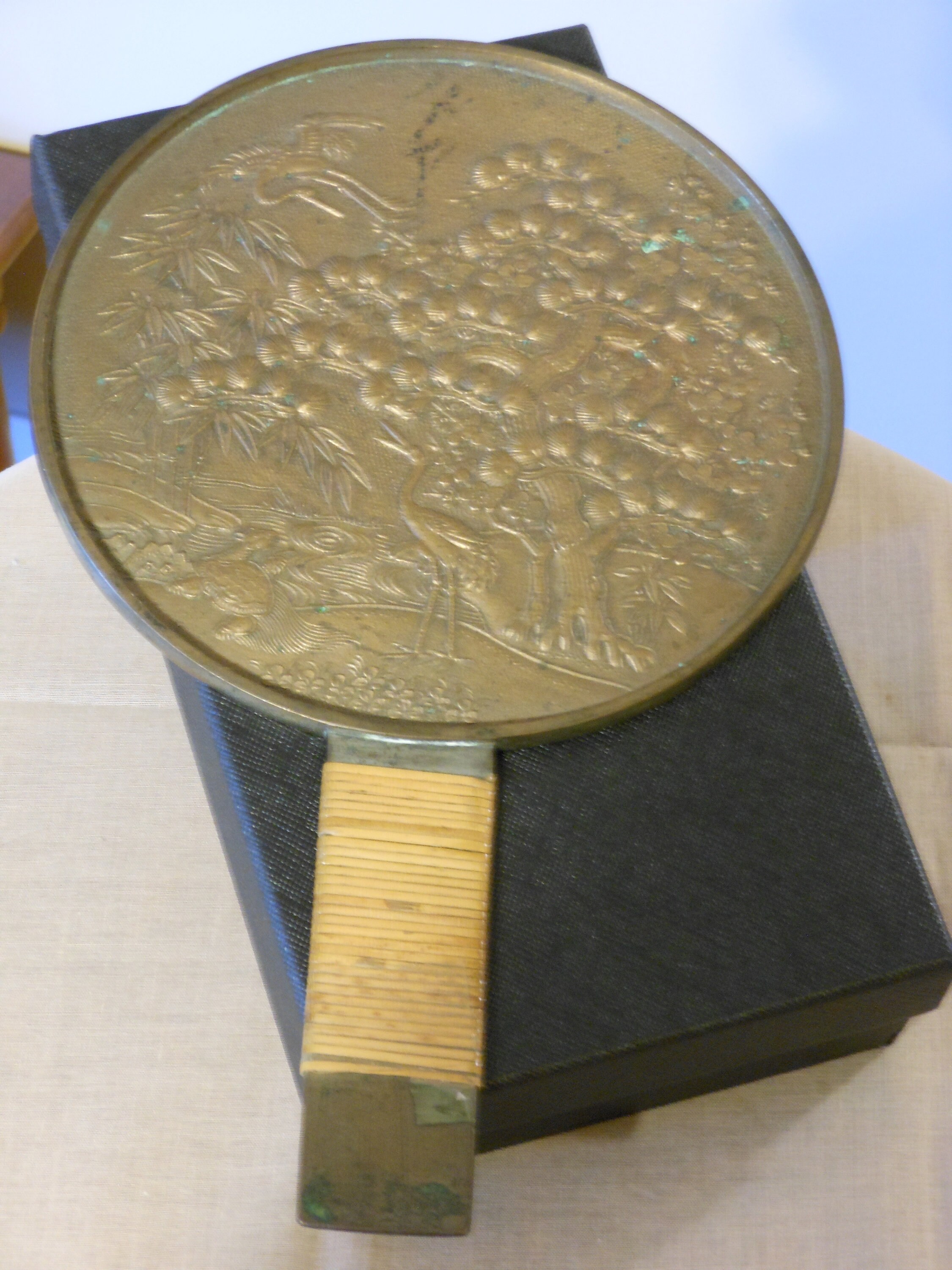 Rare Vintage Asian Brass Trivet w/ Rattan-Wrapped Handle