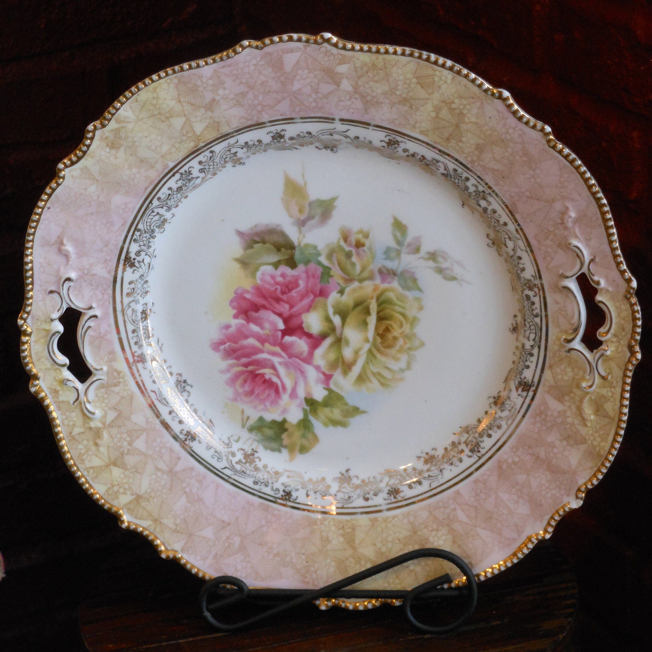 Vintage Pink Reticulated Decorative Plate with Gold Accents