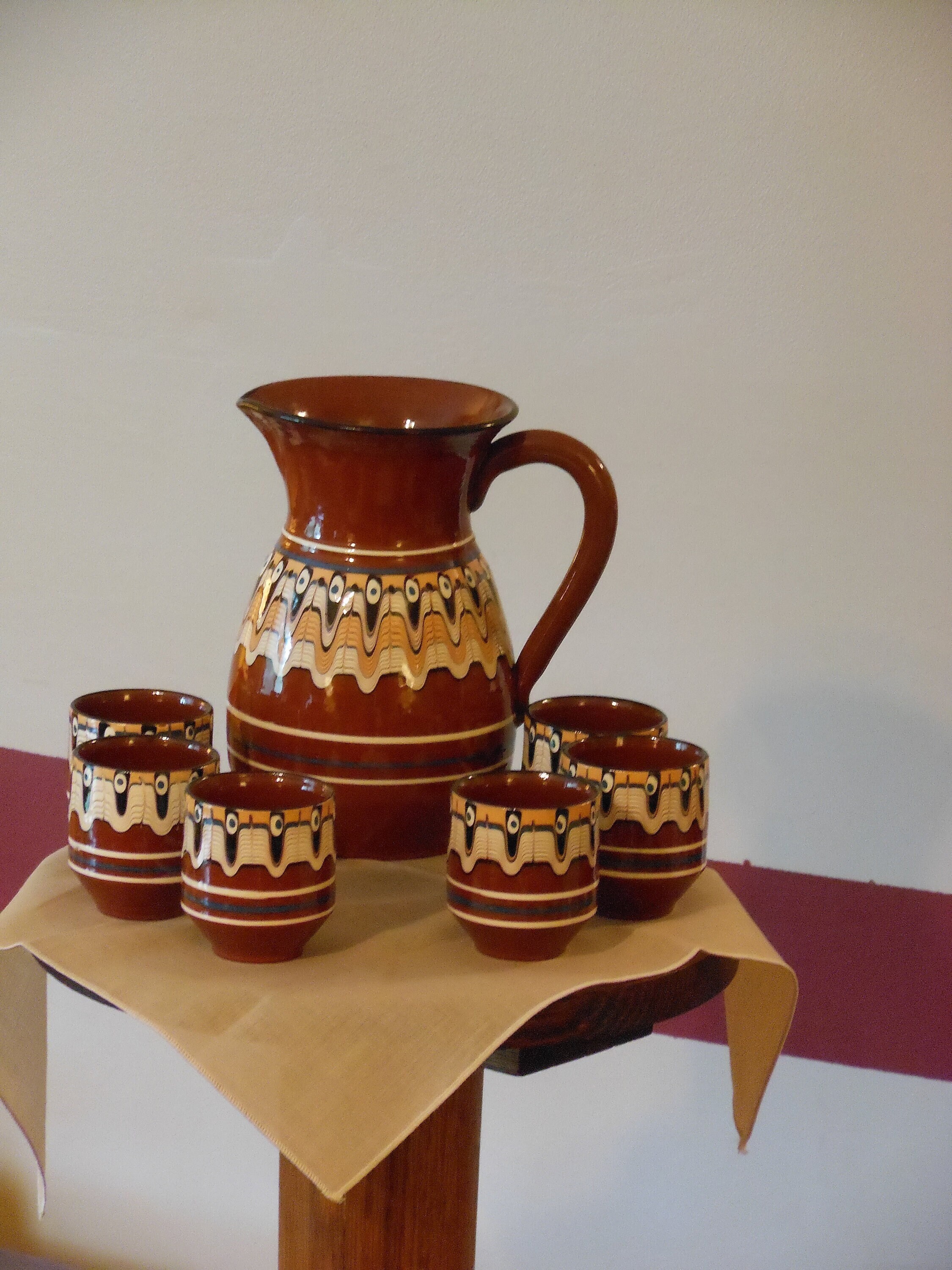 Bulgarian Redware Pitcher with Six 4-Ounce Cups