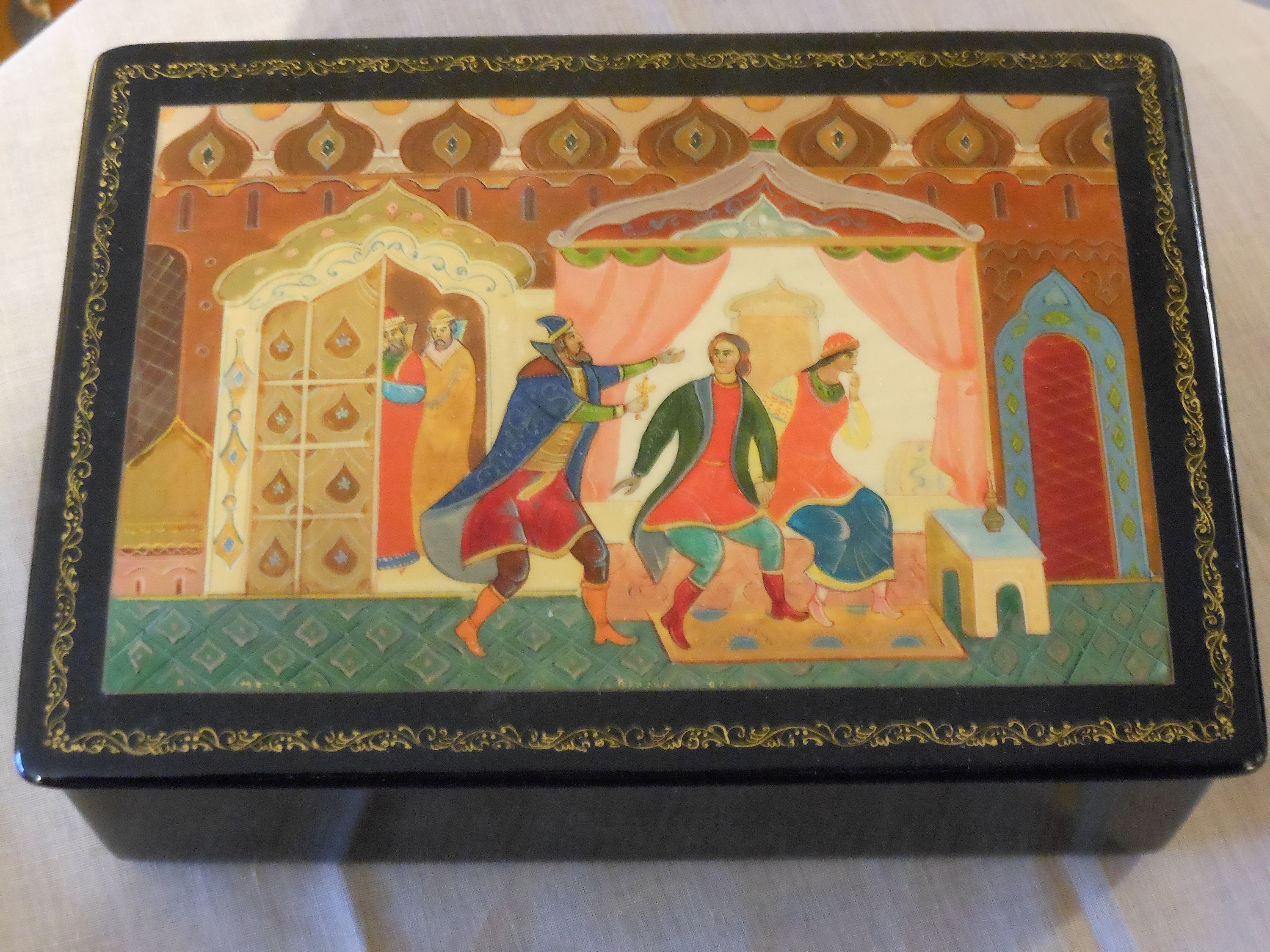 Vintage Russian Black Lacquer Hand Painted Box