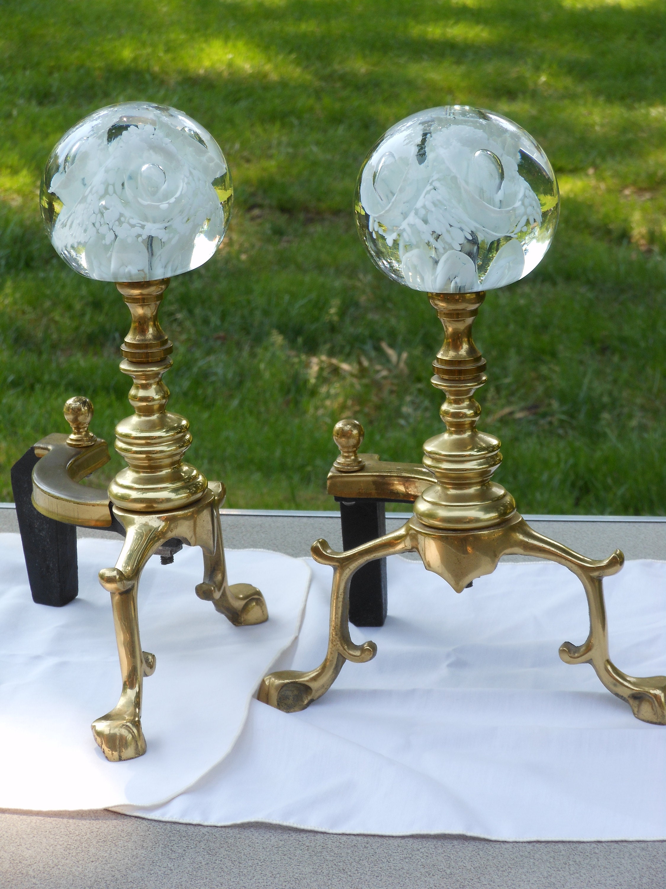 White Paperweight Vintage Glass & Brass Andirons