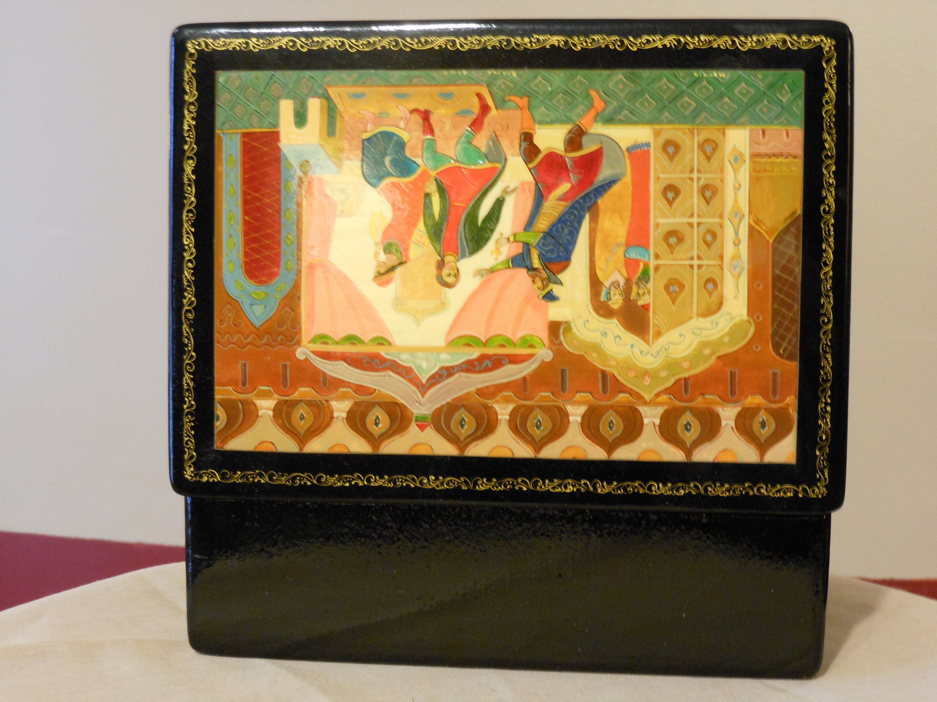 Vintage Russian Black Lacquer Hand Painted Box