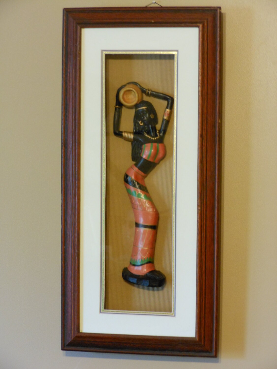 Carved Wooden Figure of an African Woman in Shadow Box
