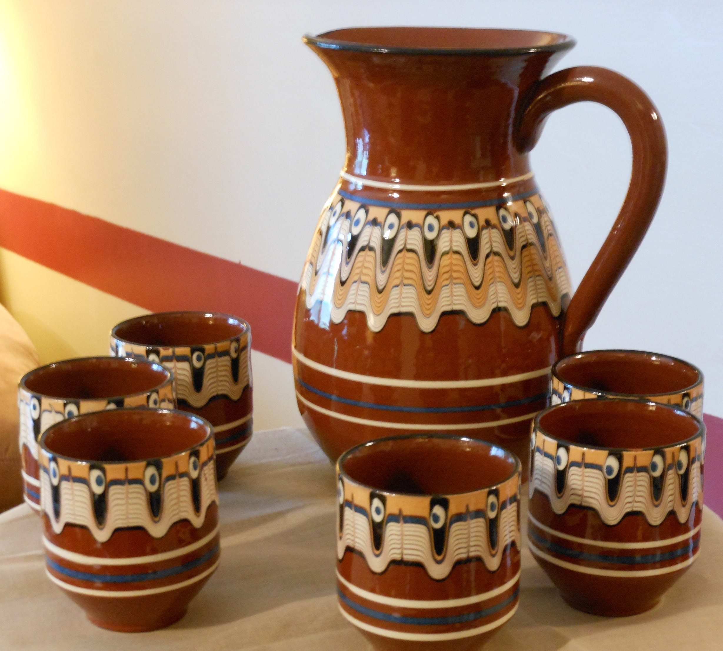 Bulgarian Redware Pitcher with Six 4-Ounce Cups