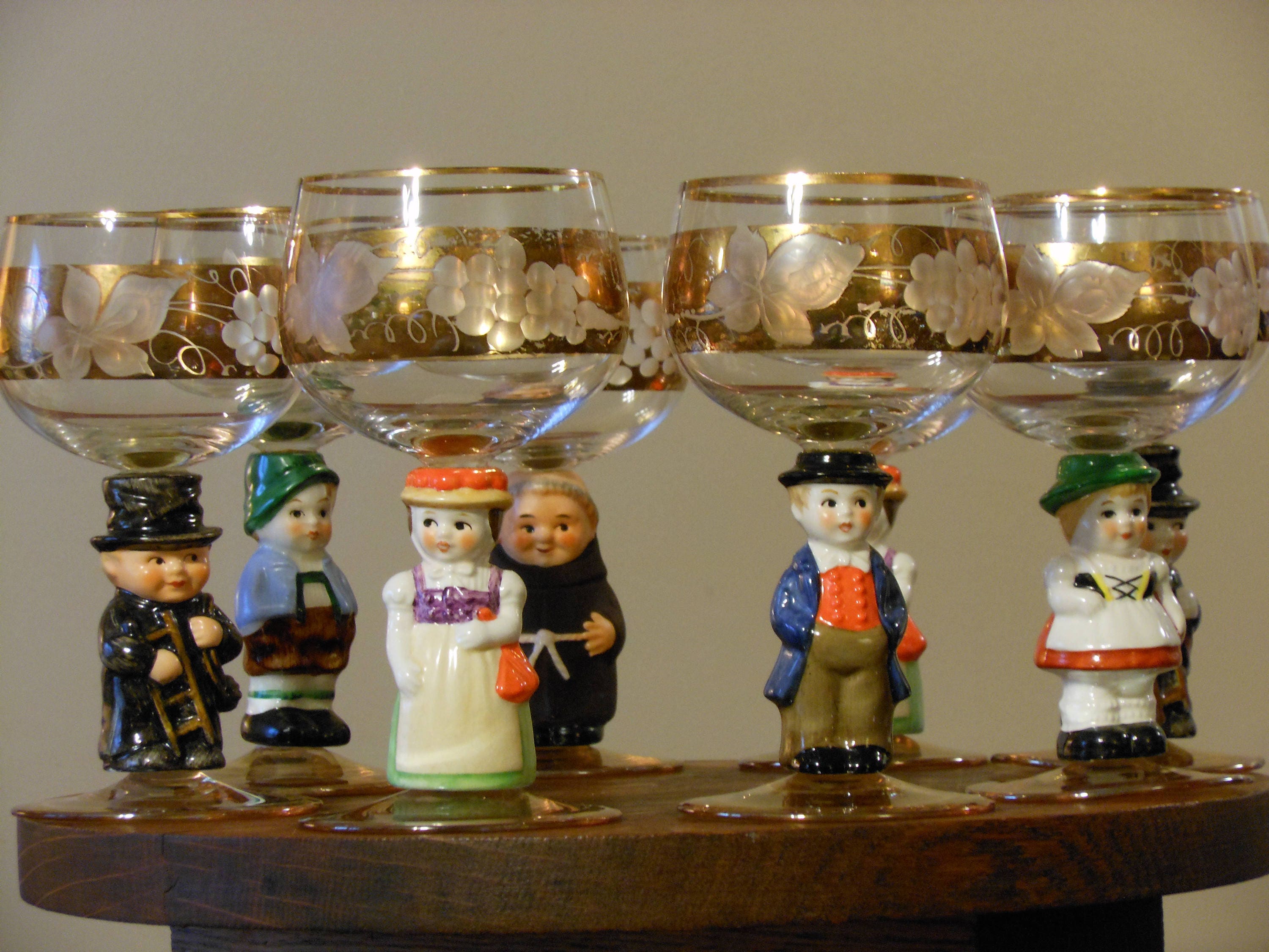 Set of Eight Goebel Figurine-Stem, Gold-Trim Wine Glasses