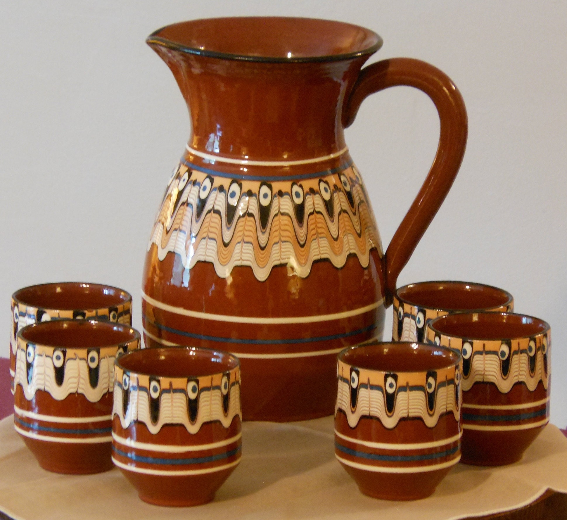 Bulgarian Redware Pitcher with Six 4-Ounce Cups