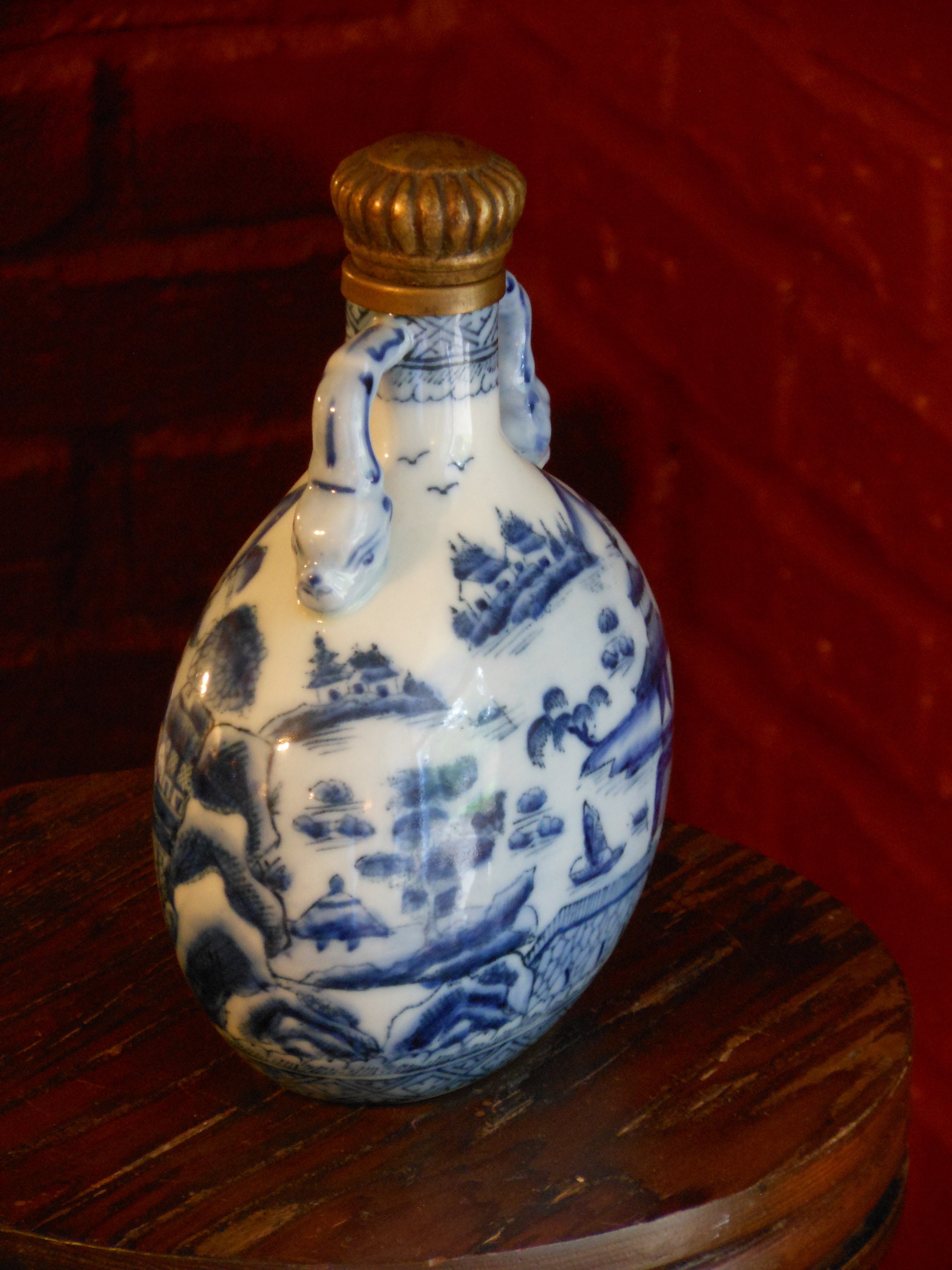 Gump's Blue & White Chinese Flask with Metal Lid