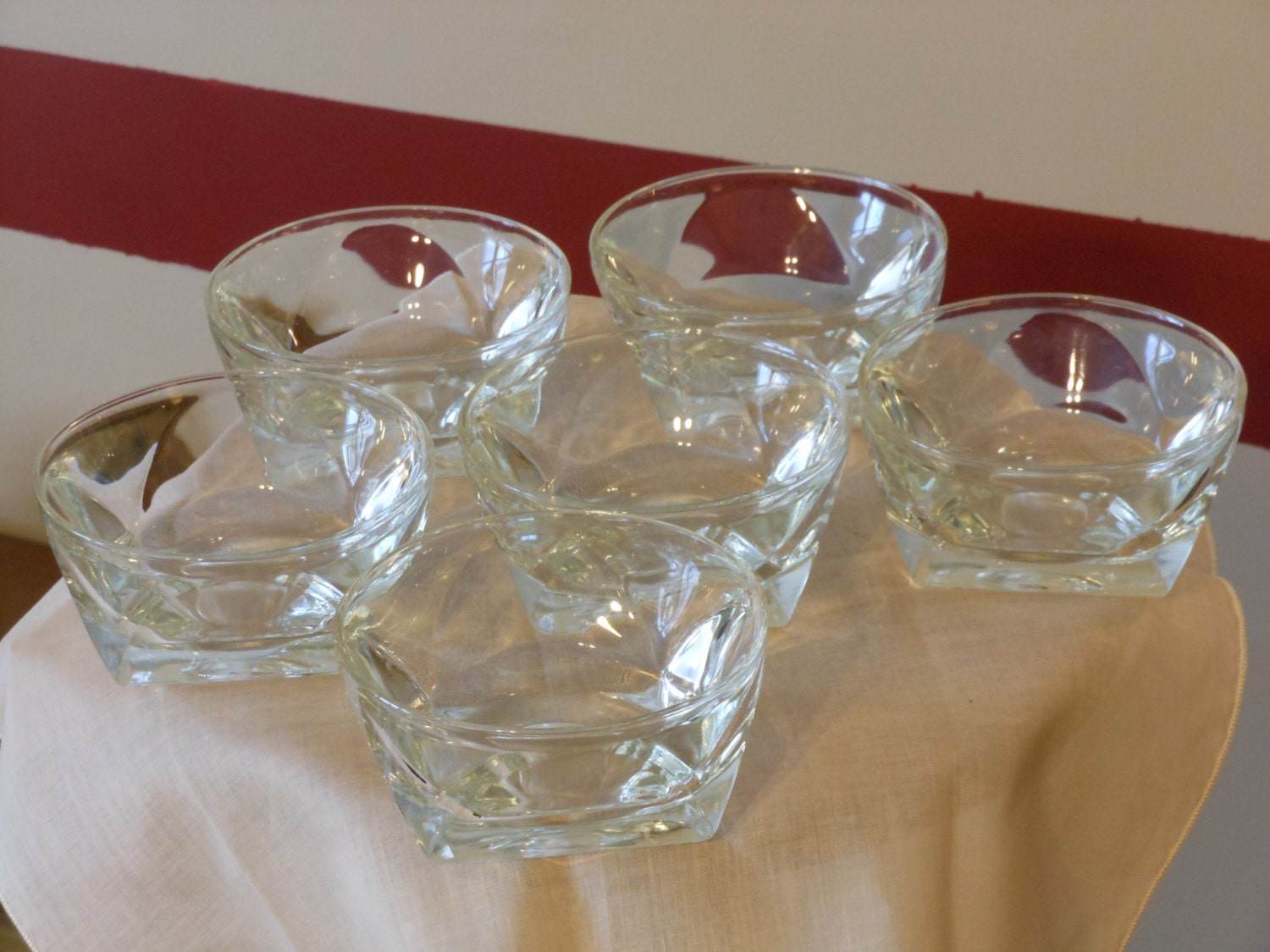 Six Clear Glass Square-Bottom Custard/Dessert Bowls