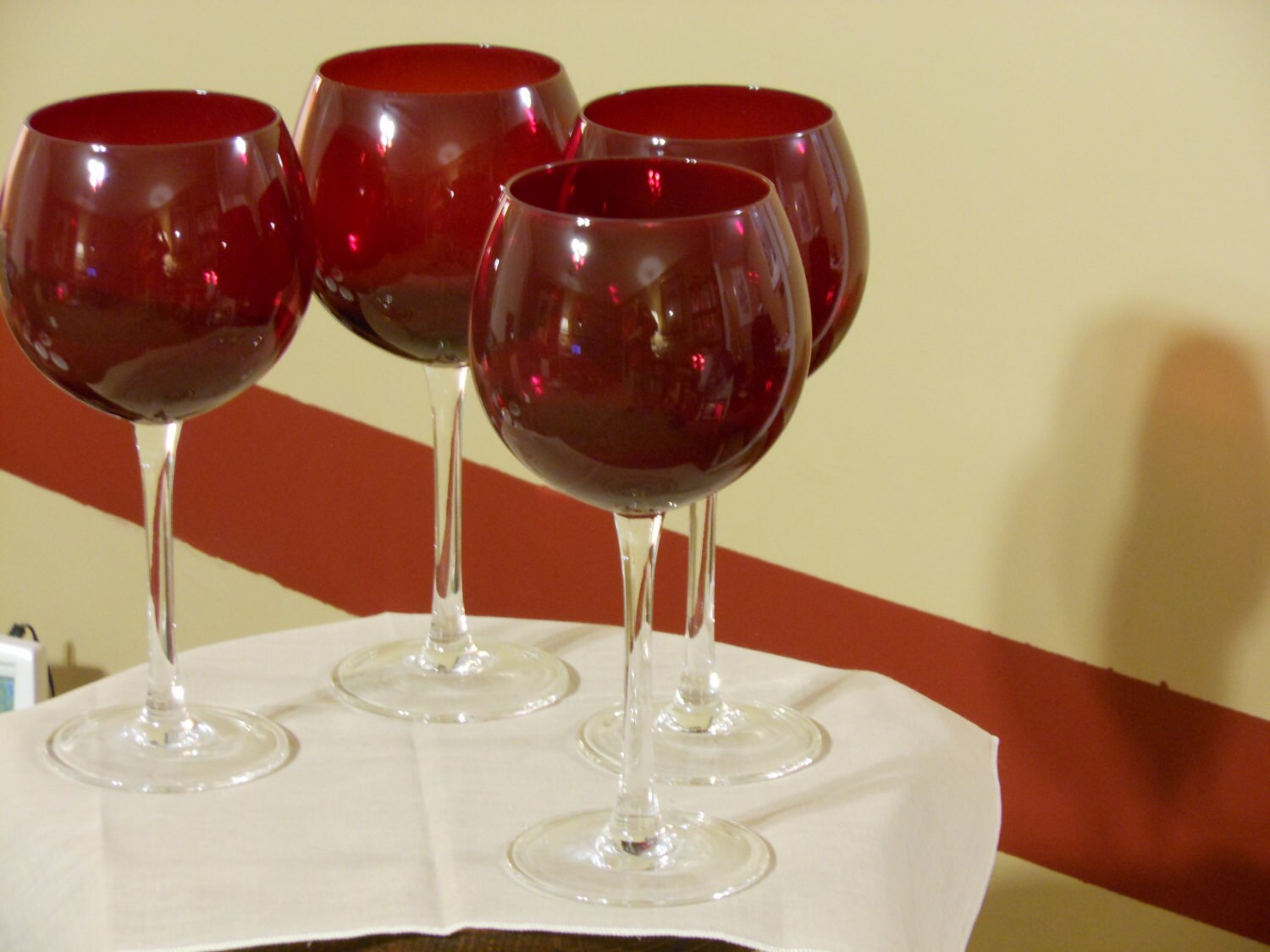 Set of Four Deep Red 12-ounce Goblets with Crystal Stems (RESERVED for ...