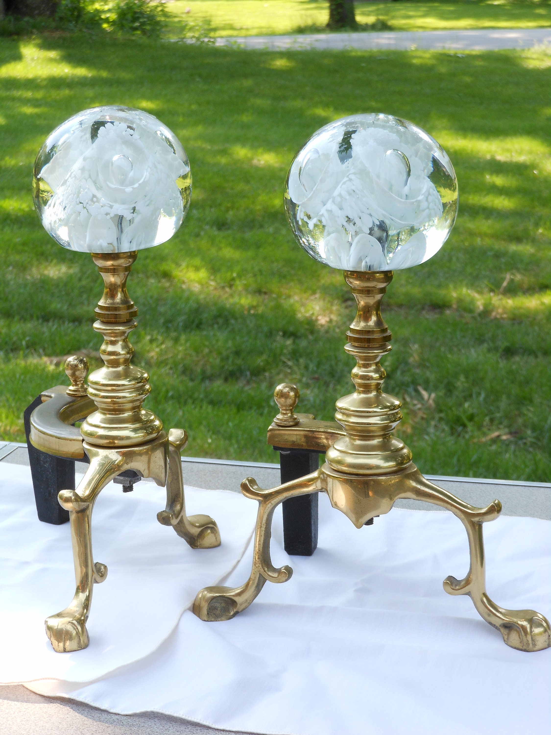 White Paperweight Vintage Glass & Brass Andirons