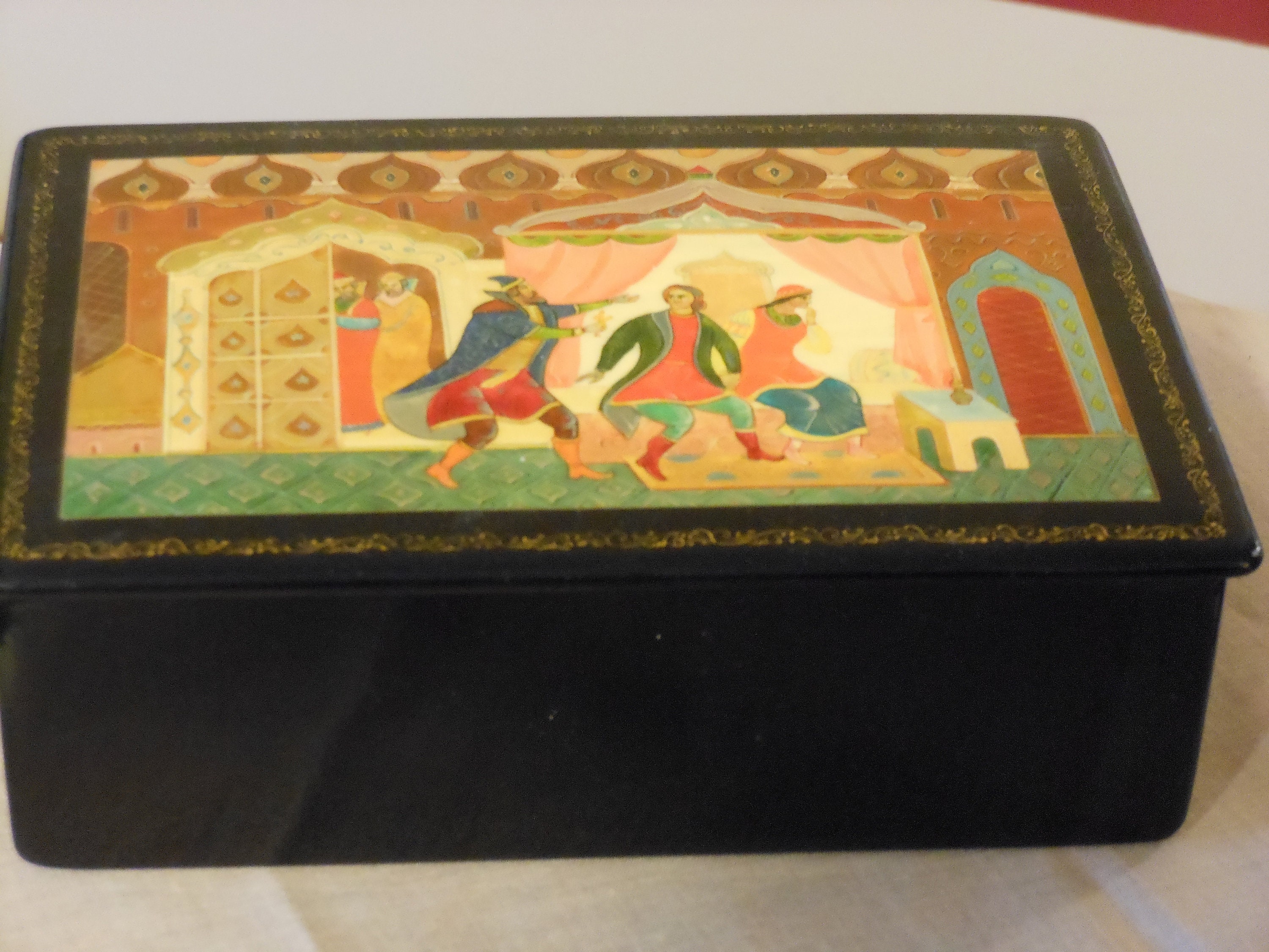Vintage Russian Black Lacquer Hand Painted Box