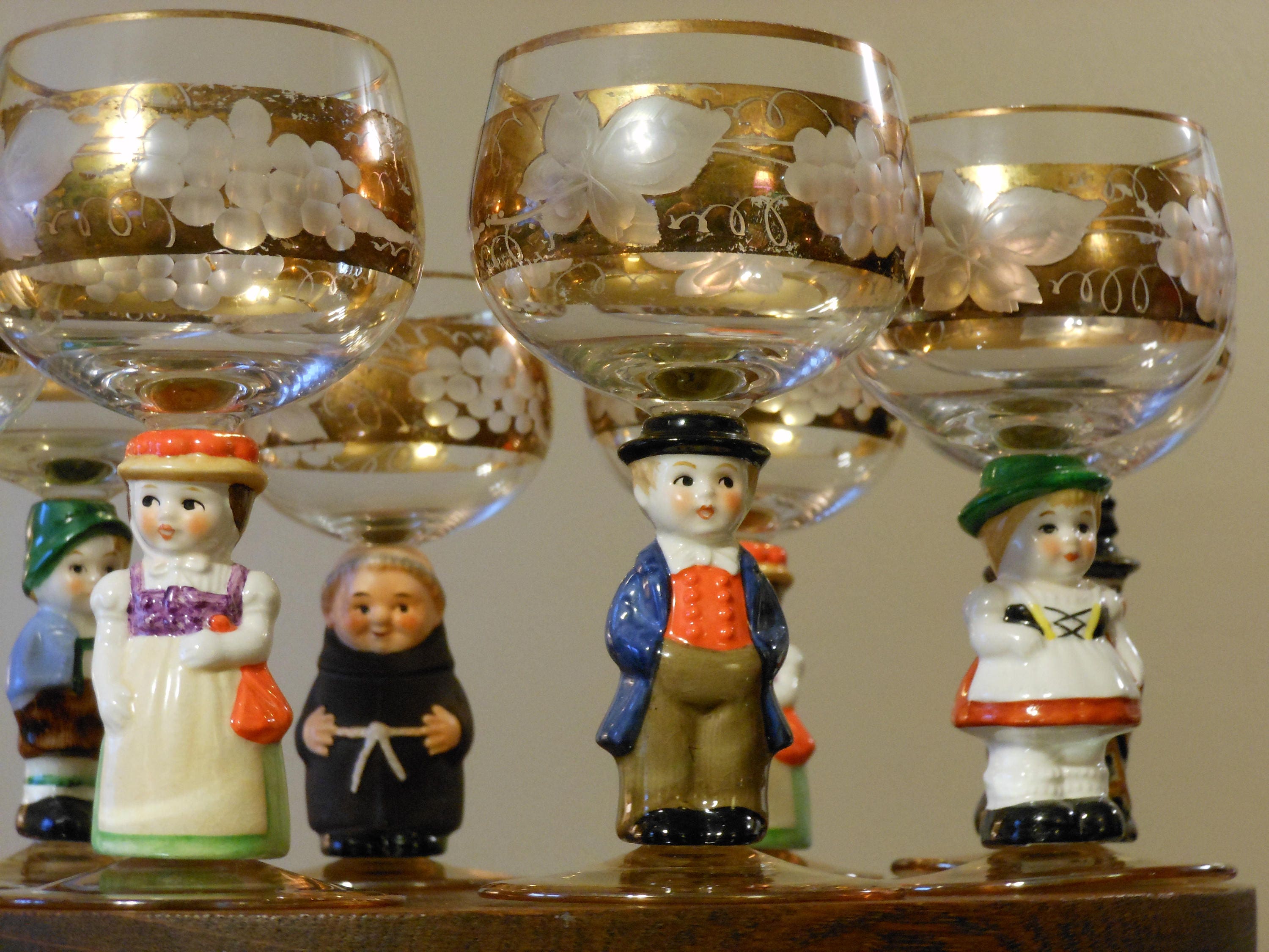 Set of Eight Goebel Figurine-Stem, Gold-Trim Wine Glasses