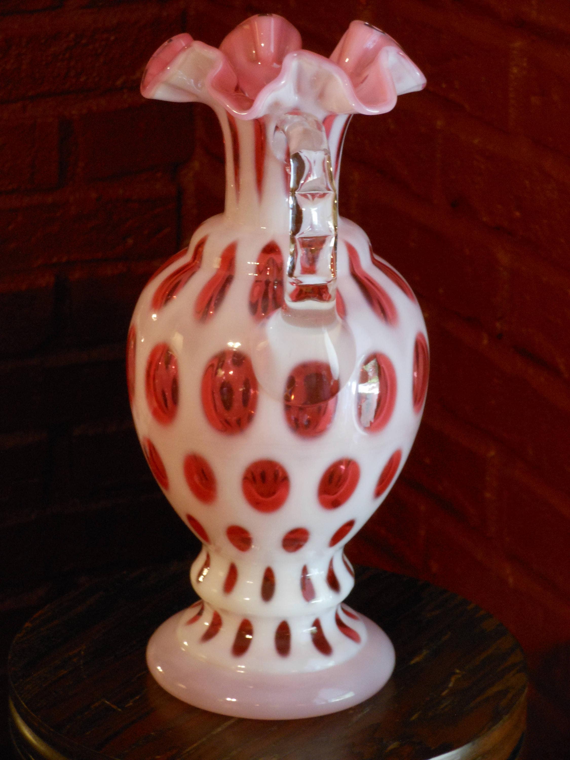 Pink and White Ruffled Top Two-Handled Art Glass Vase: Rare Fenton ...