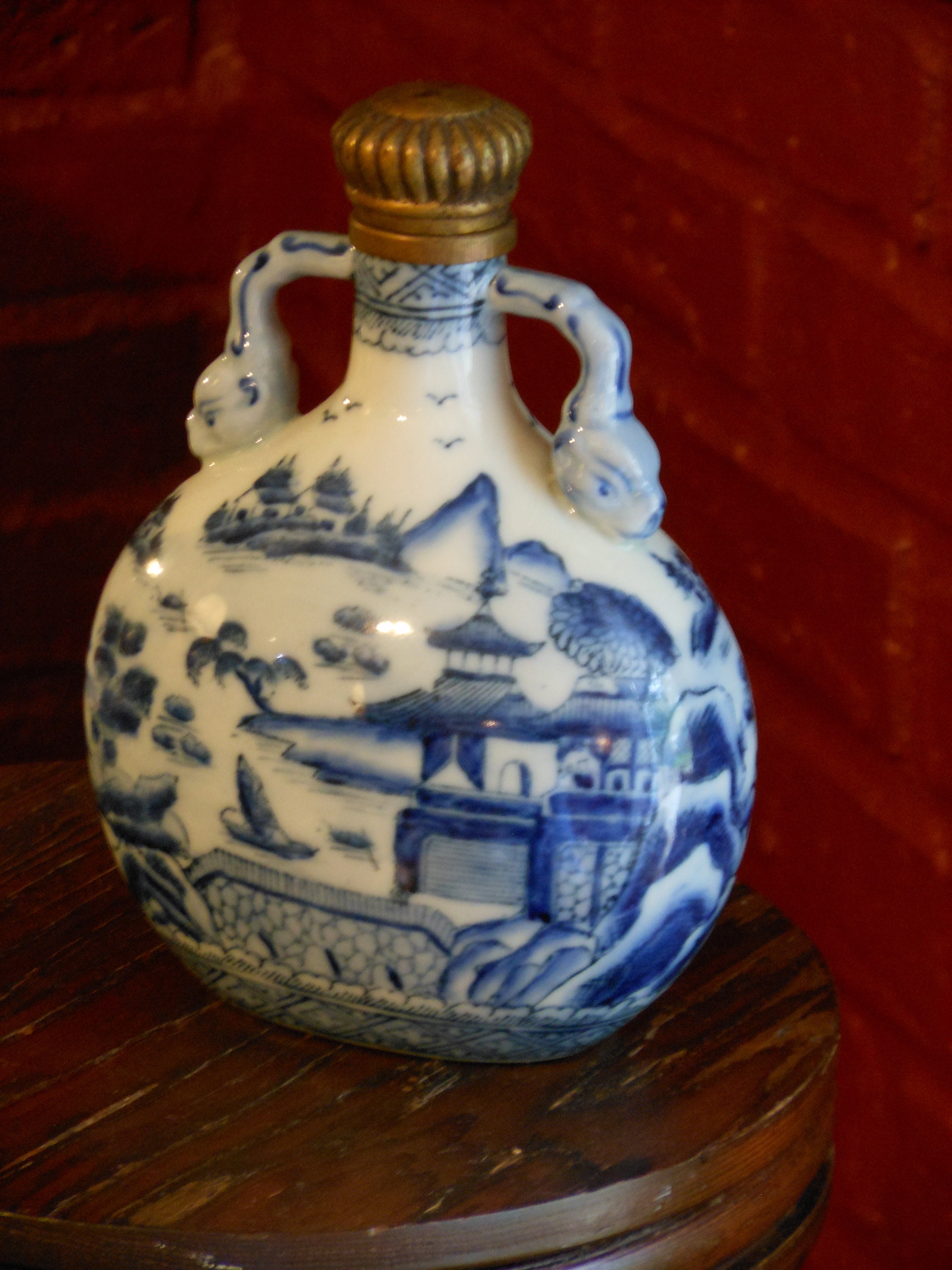 Gump's Blue & White Chinese Flask with Metal Lid