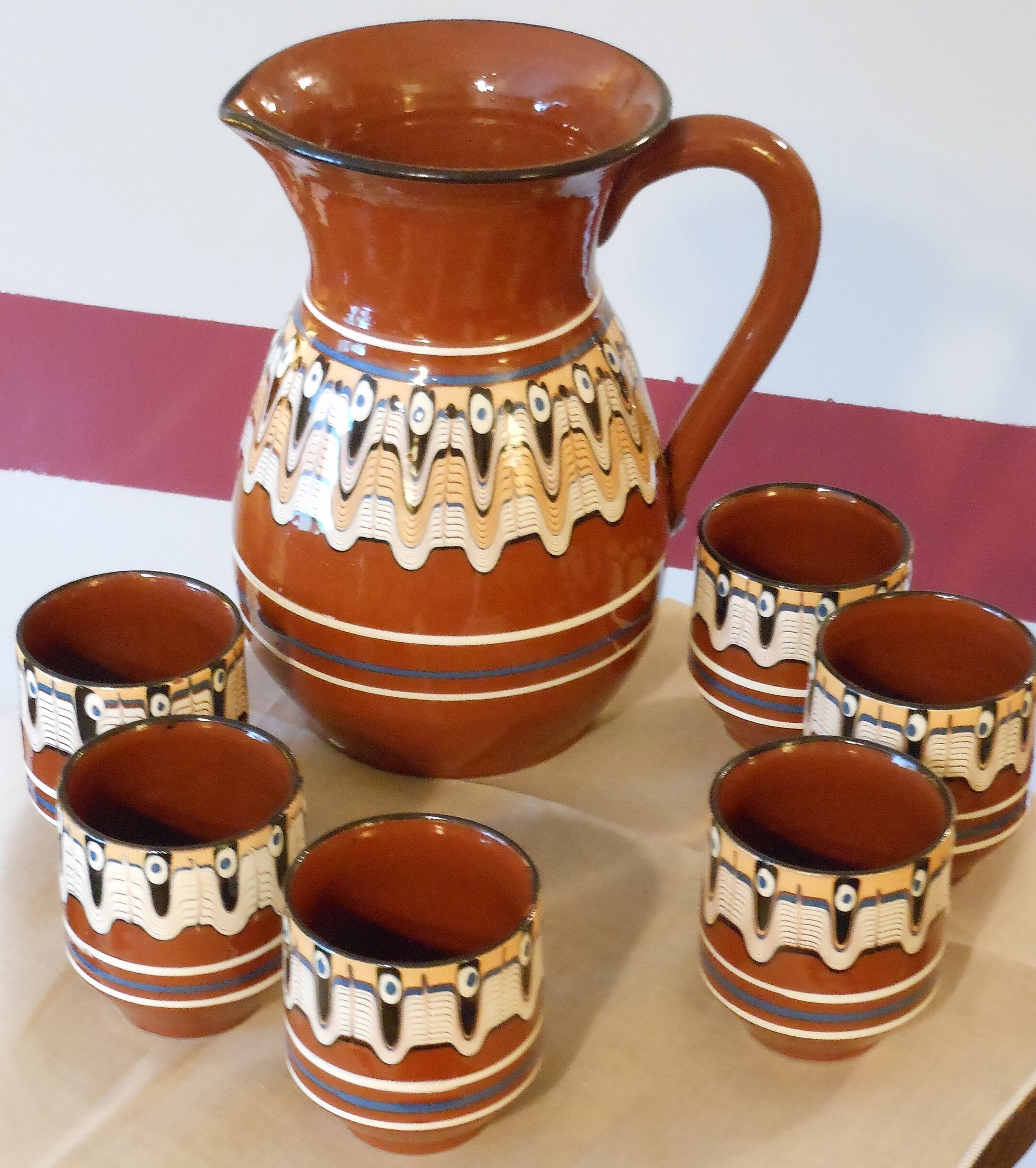 Bulgarian Redware Pitcher with Six 4-Ounce Cups