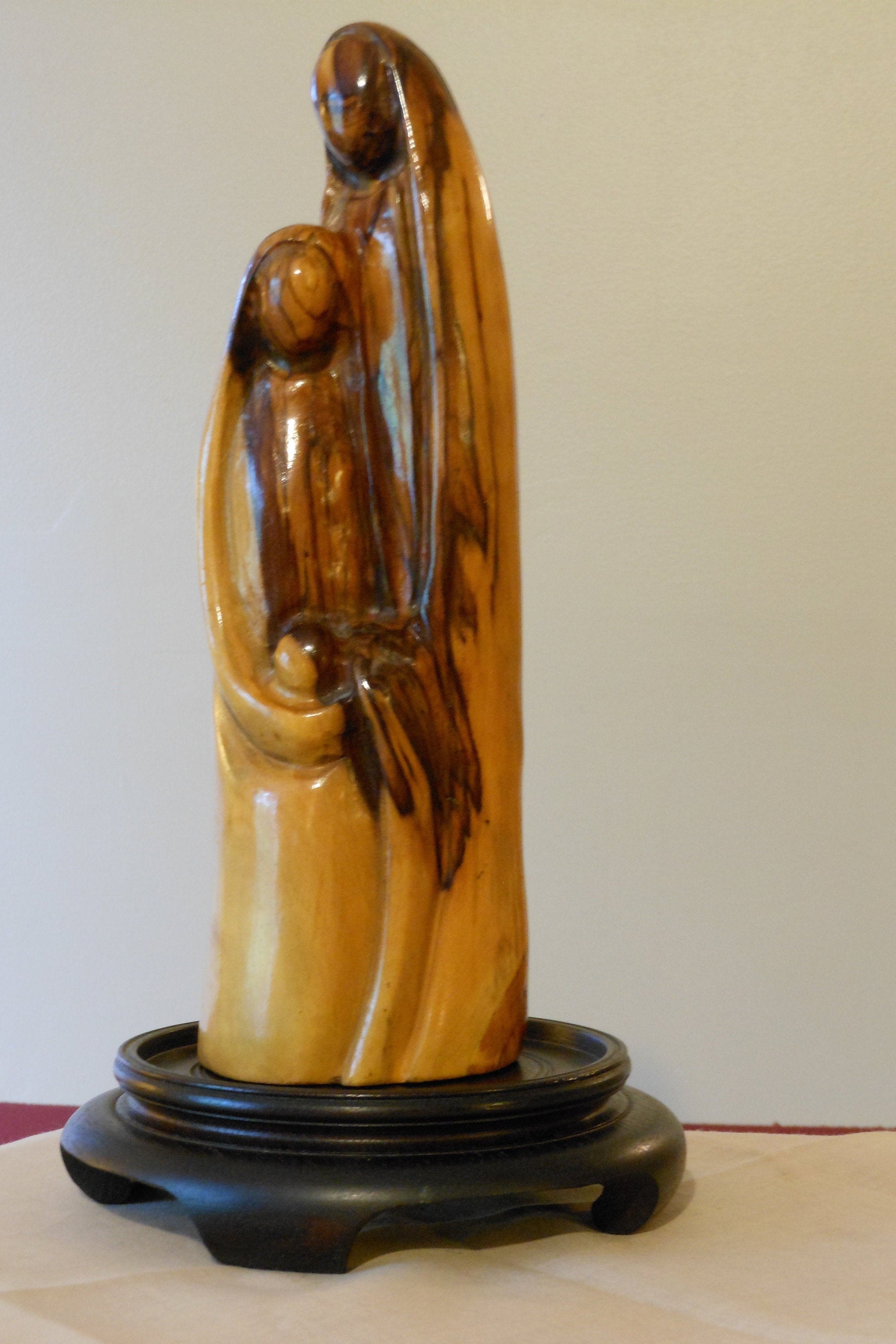 Vintage Tall Olive Wood Abstract Sculpture: Holy Family