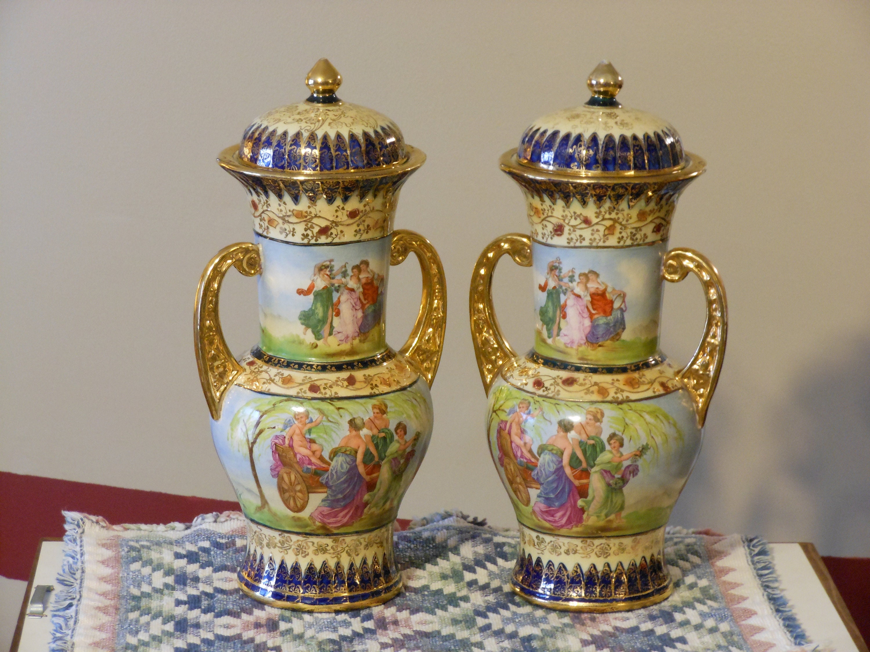 Two Matching Victorian-Era Elysian Blue Classical Urns w/ Lids