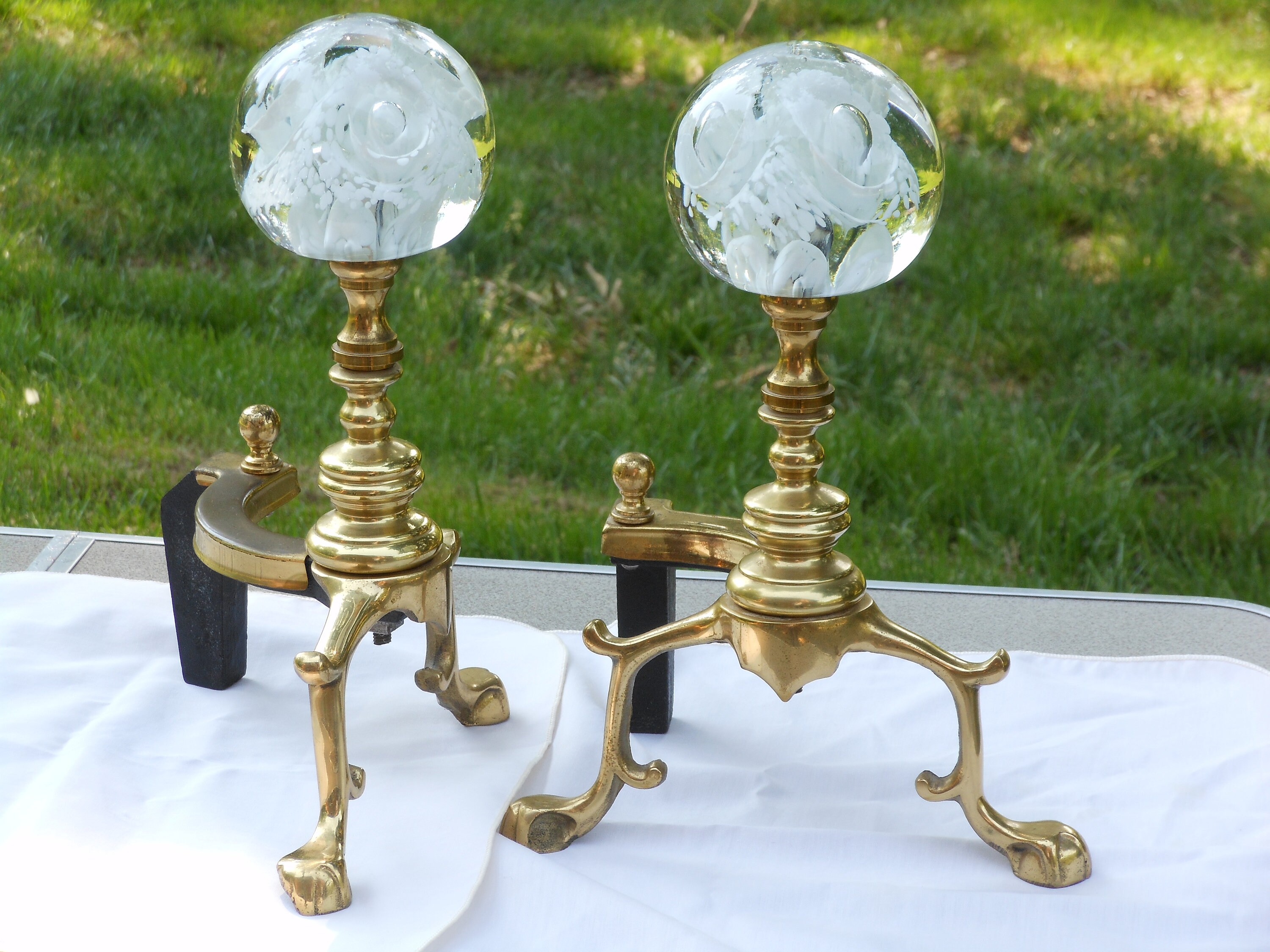 White Paperweight Vintage Glass & Brass Andirons