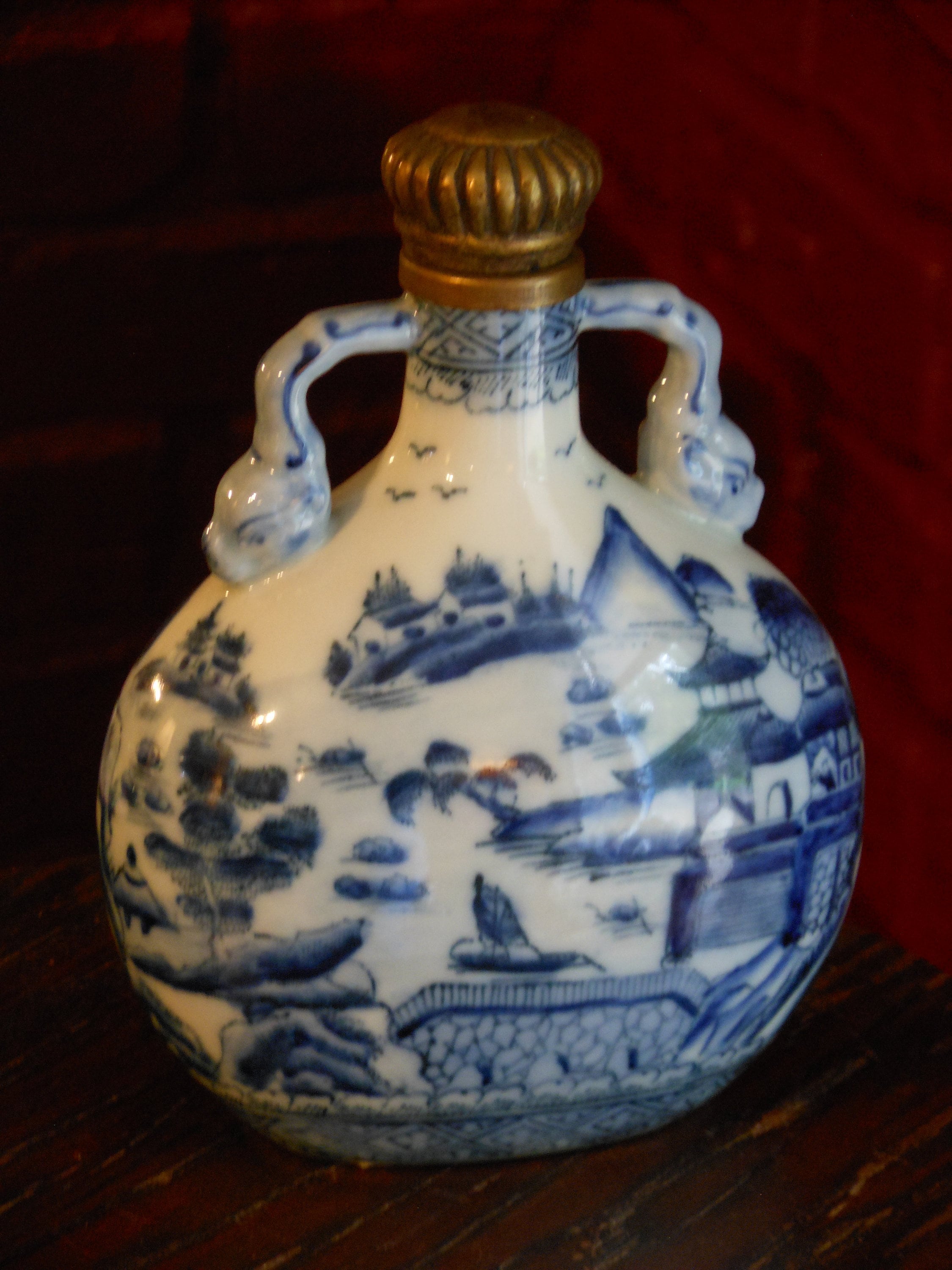 Gump's Blue & White Chinese Flask with Metal Lid
