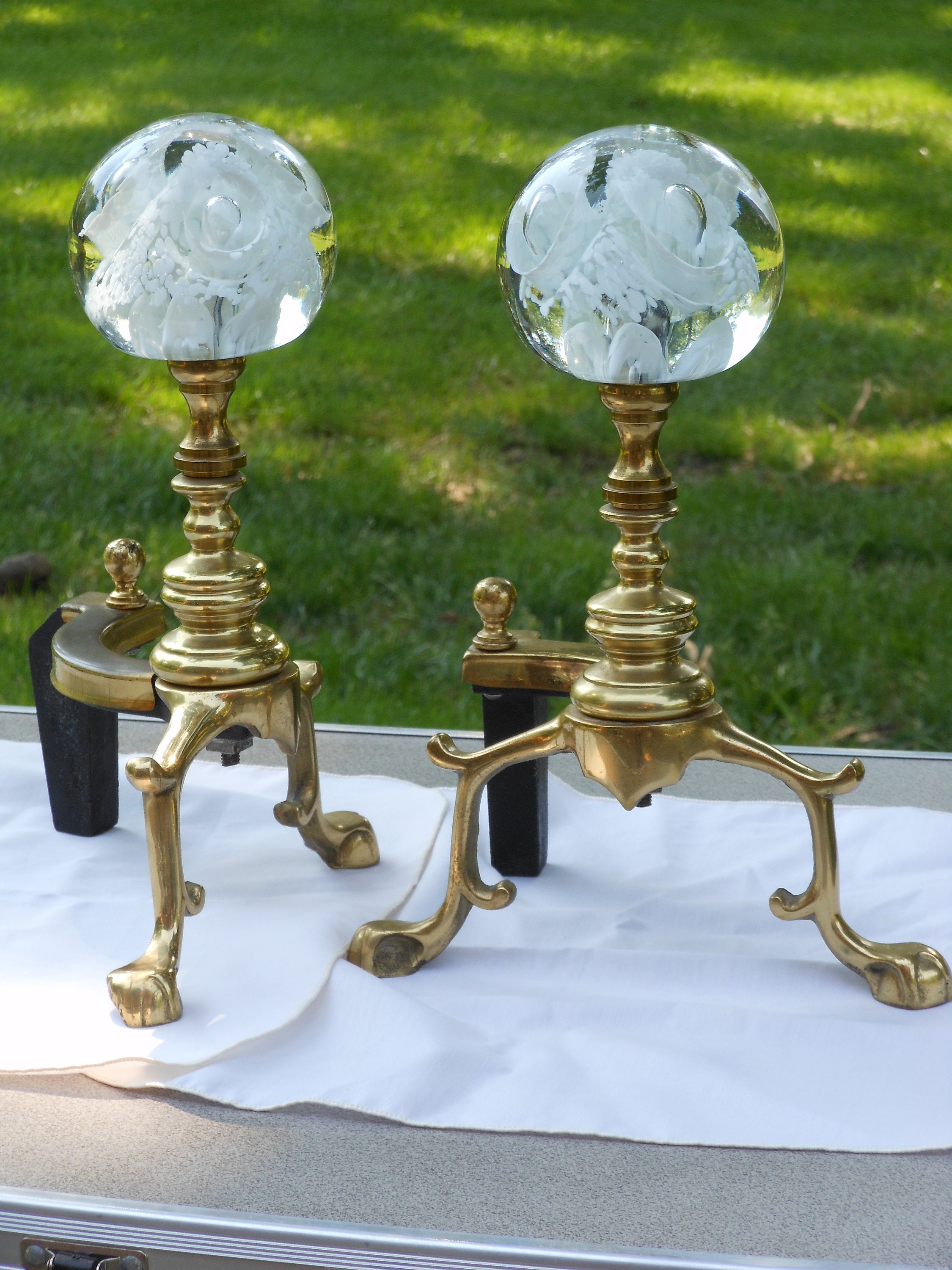 White Paperweight Vintage Glass & Brass Andirons