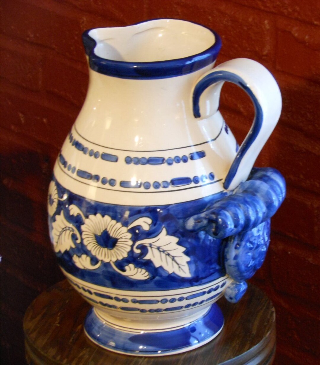 Ornate WCL Pitcher Vase, Vanilla and Dark Blue. Floral and Bead Design ...