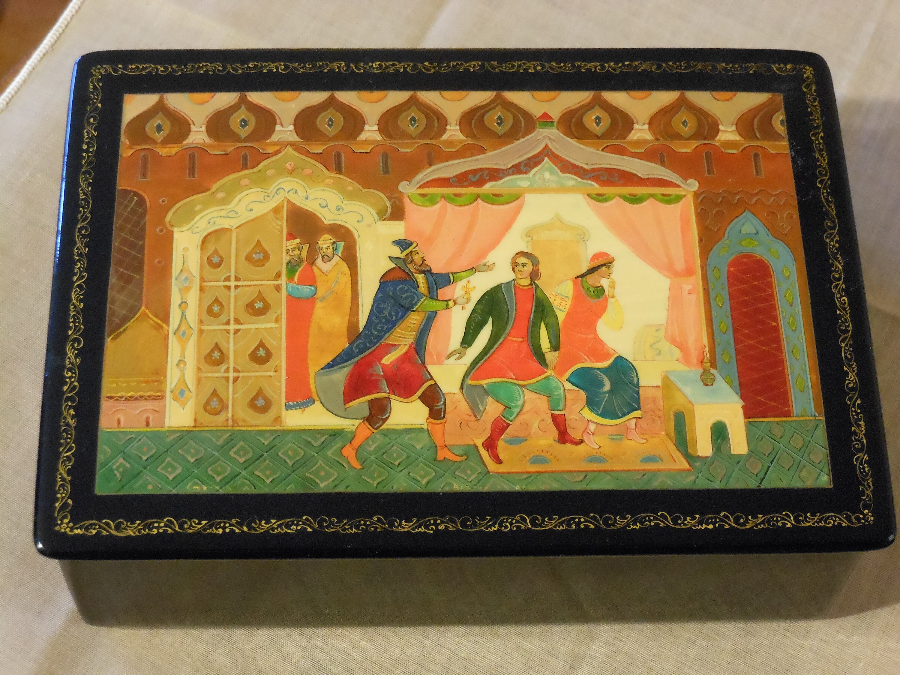 Vintage Russian Black Lacquer Hand Painted Box