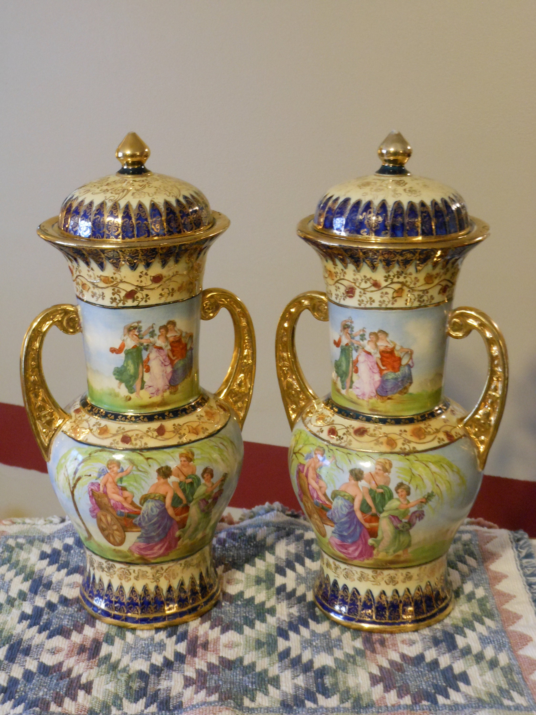 Two Matching Victorian-Era Elysian Blue Classical Urns w/ Lids