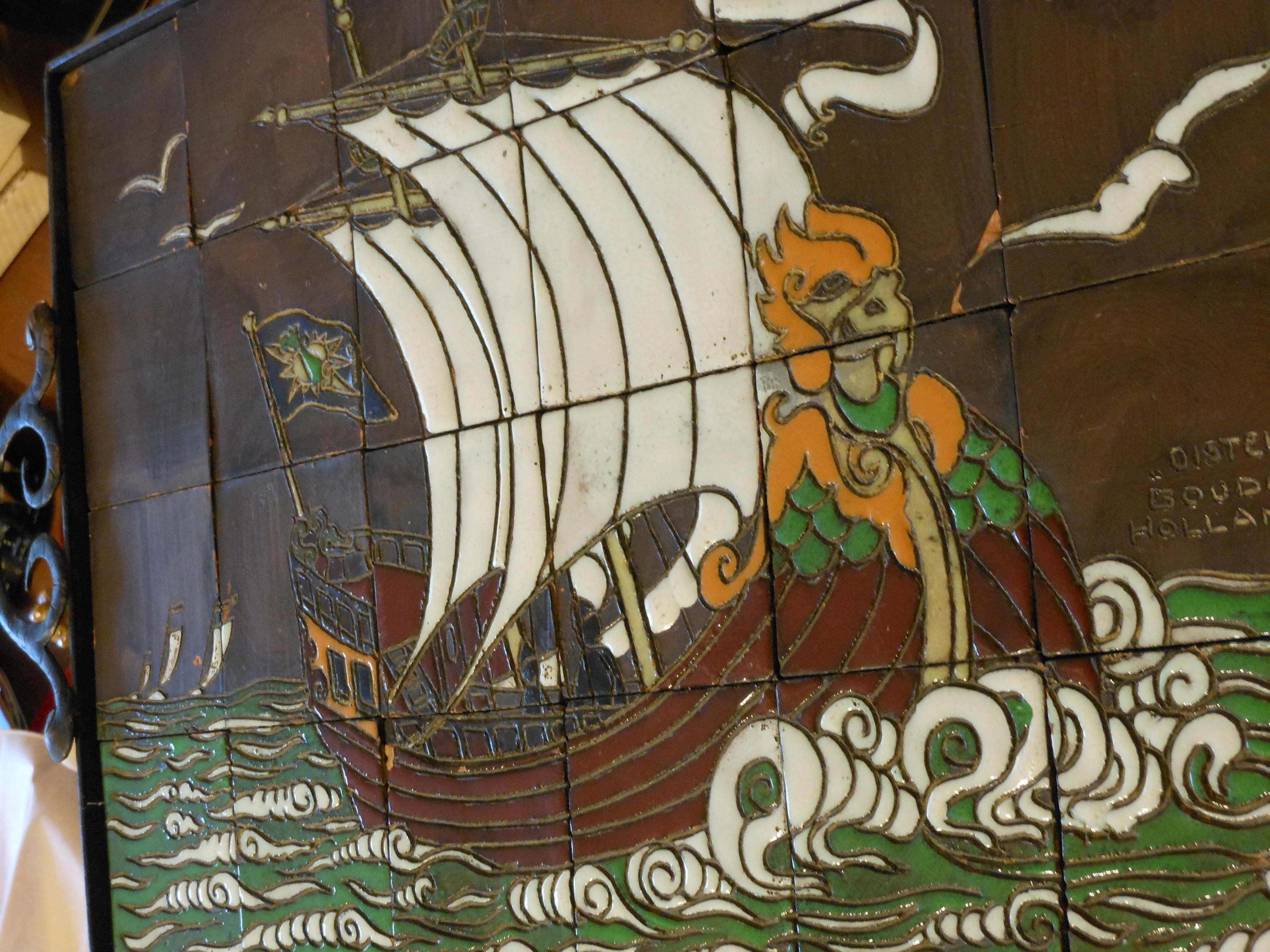 Antique Cast Iron Tray with 24 Tiles Depicting Sailboats on the Sea ...