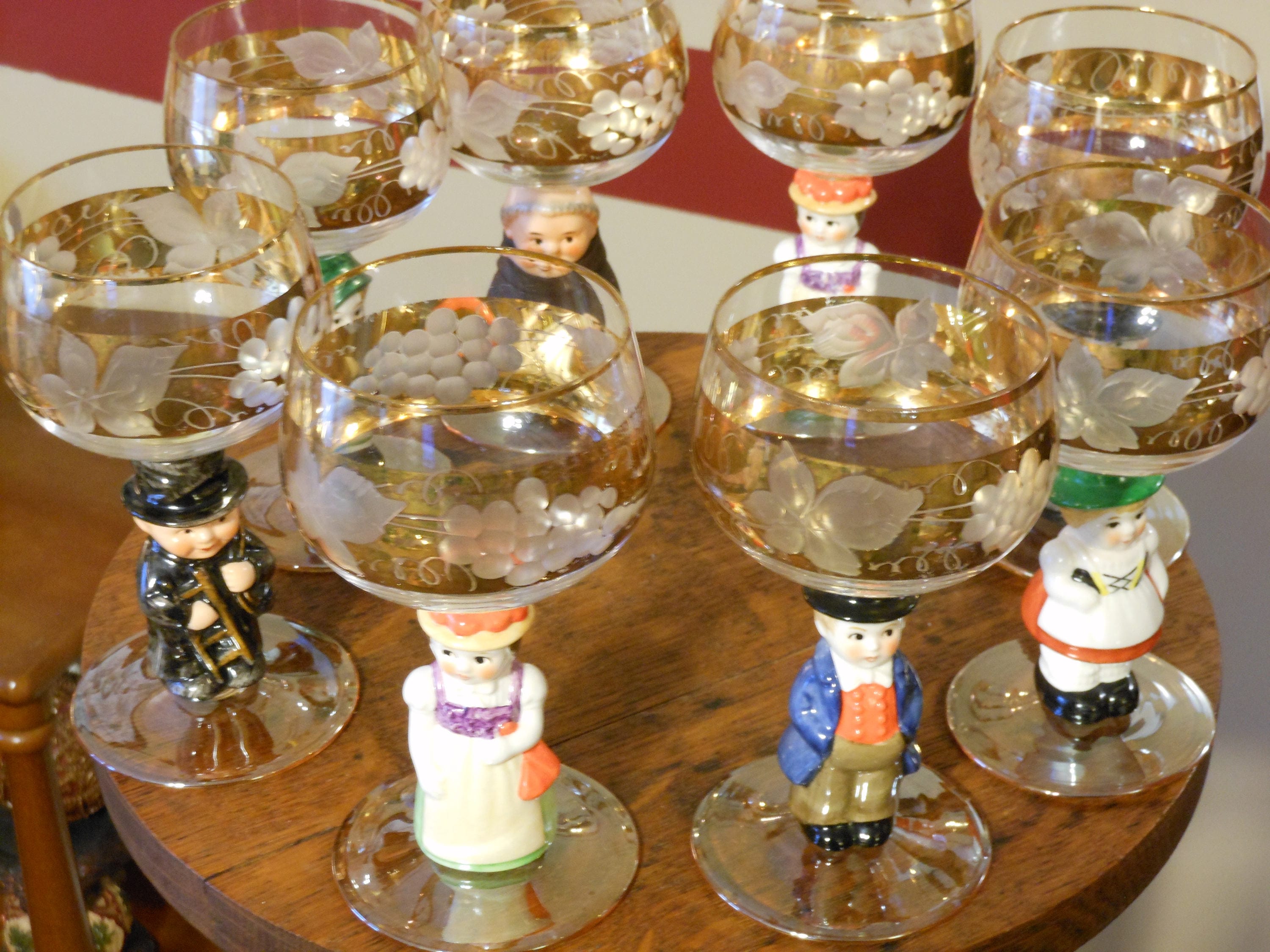 Set of Eight Goebel Figurine-Stem, Gold-Trim Wine Glasses