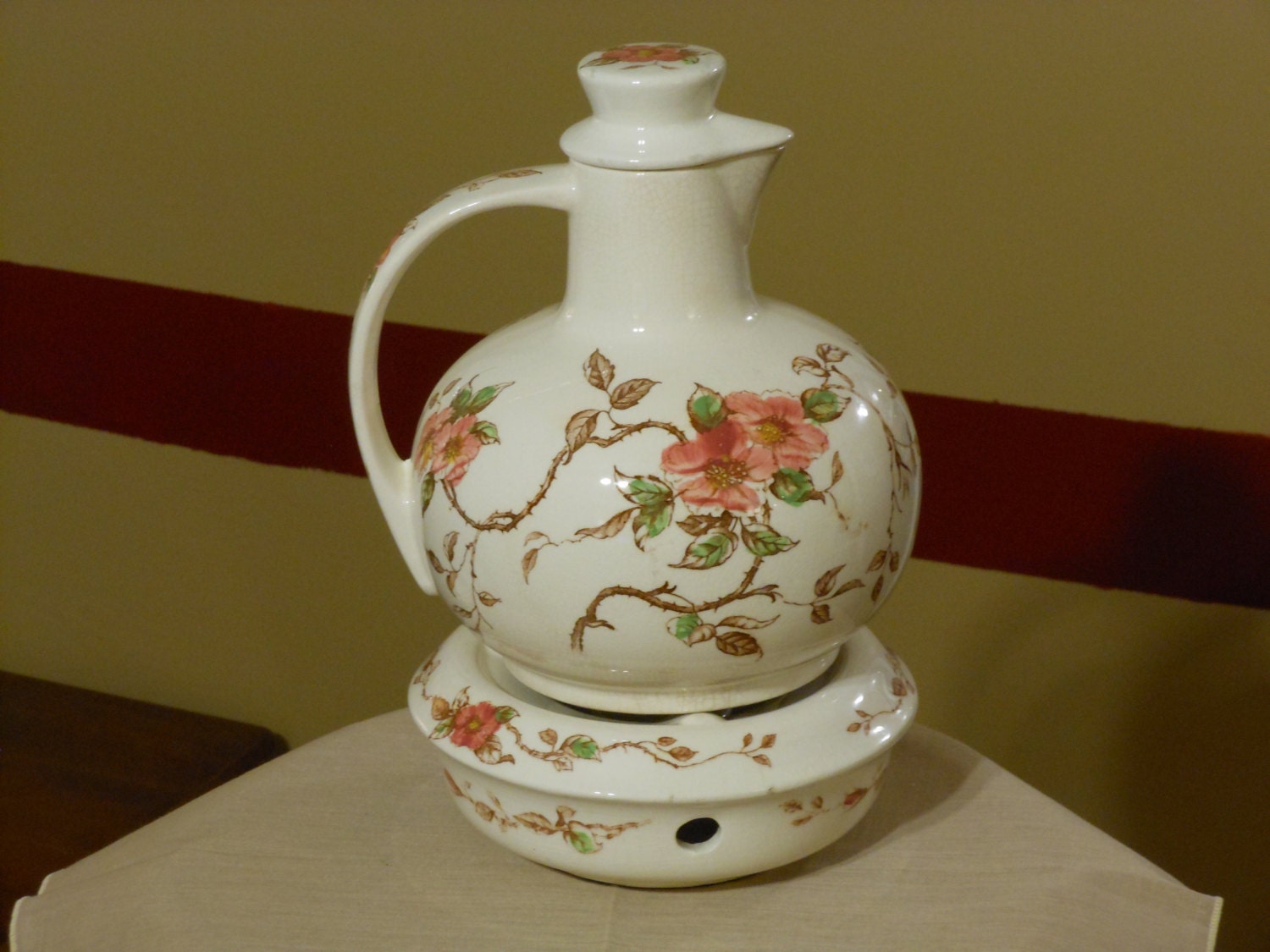Nasco Springtime Pattern Tea Pot with Lid and Warming Stand