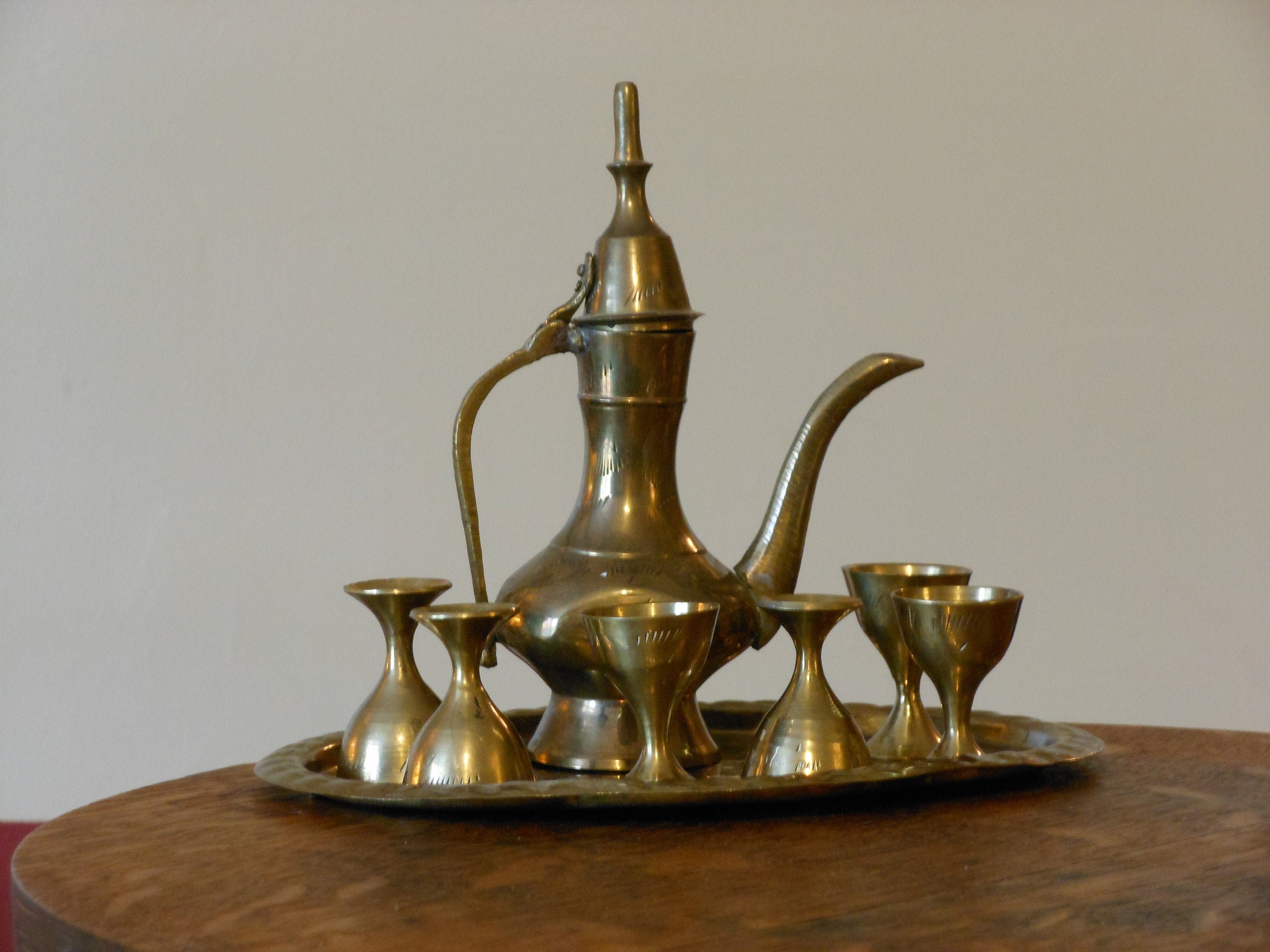 Miniature Set: Brass Dallah, Tray and Cups