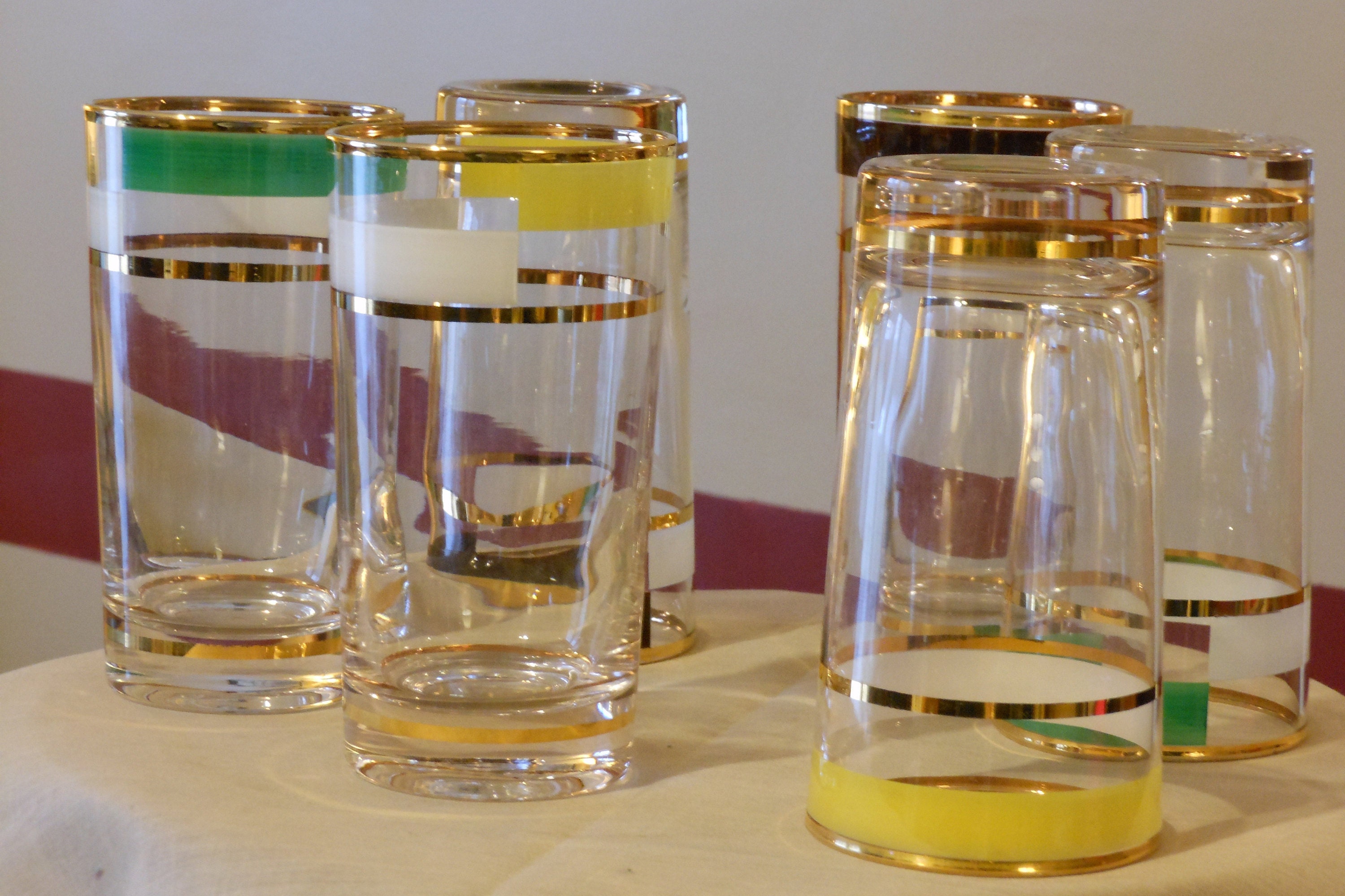 Six Mid Century Gold Rimmed Drinking Glasses