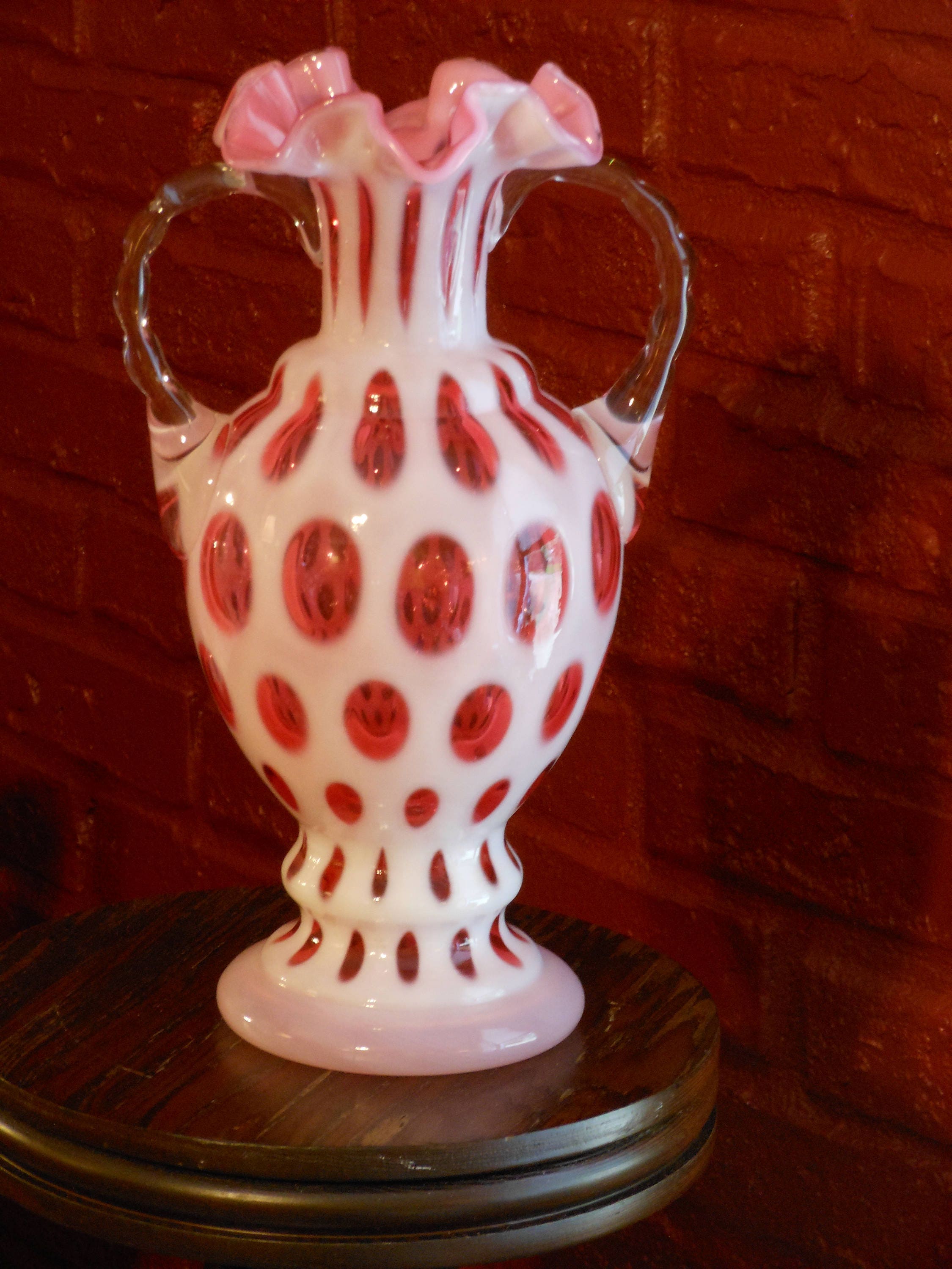 Pink and White Ruffled Top Two-Handled Art Glass Vase: Rare Fenton ...